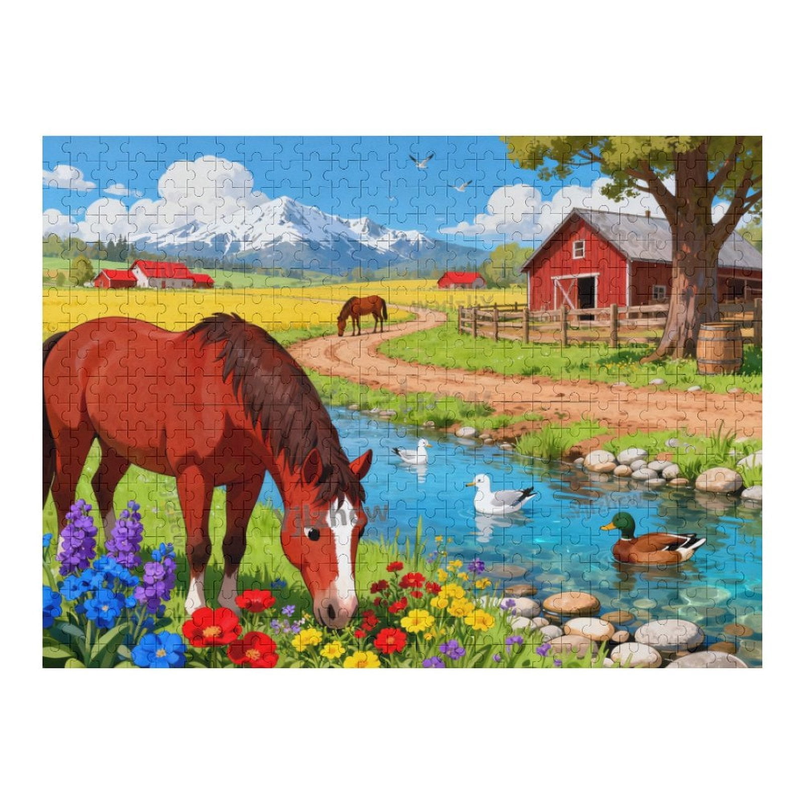 Rural Barn Landscape with Horse and Flower Pond Wooden Puzzle 1000 ...