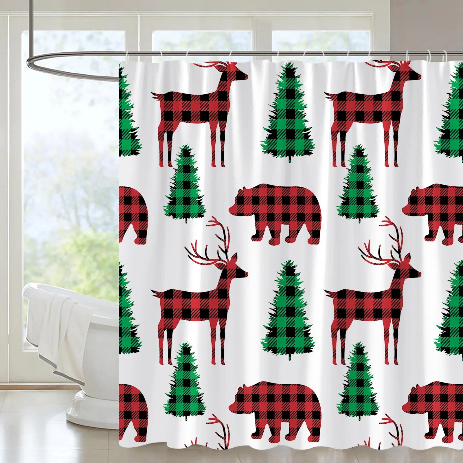 Rural Bathroom Shower Curtain Set Animal Deer Black White Silhouette ...