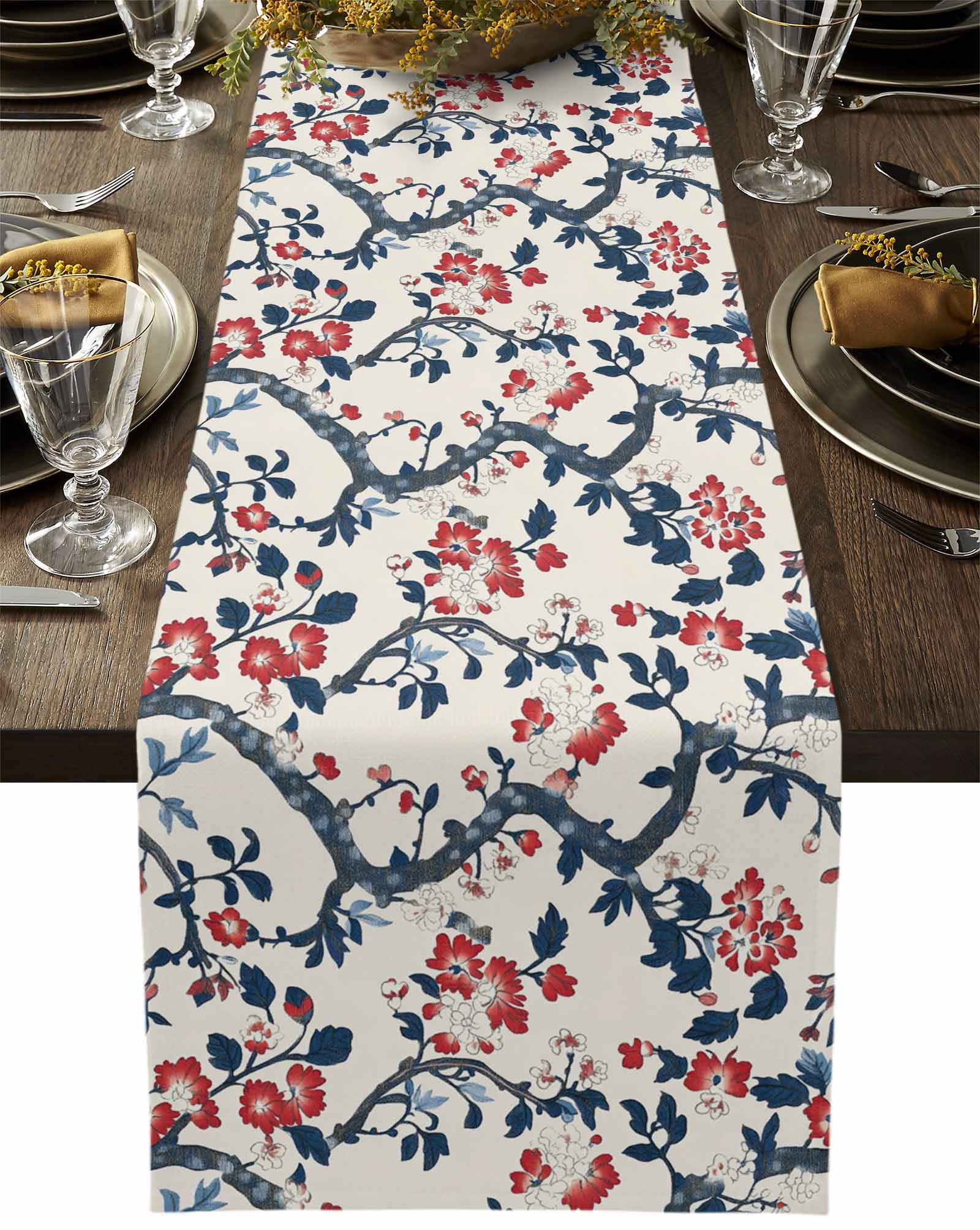Rural Branches Red Flower Table Runners 13x36 Inches Long Linen Burlap ...
