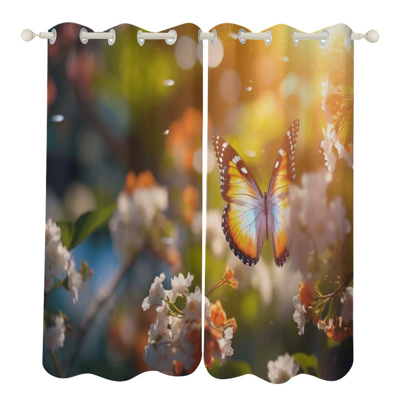 Rural Butterfly Flower 2 Panel Curtain Set, Watercolor Painting Window ...