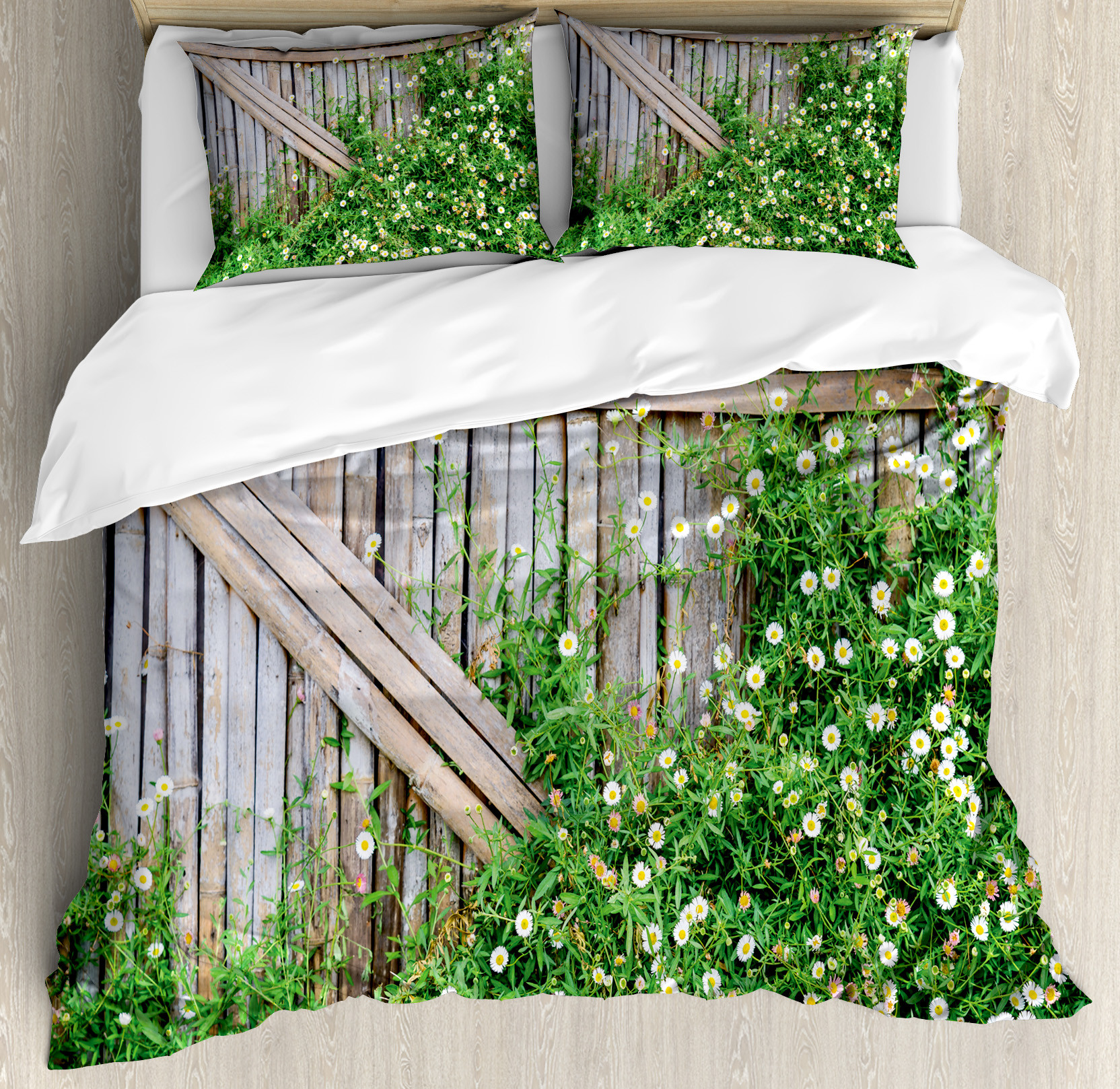 Rural Duvet Cover Set, Rustic Grunge Look Wooden Fence with Blooms ...