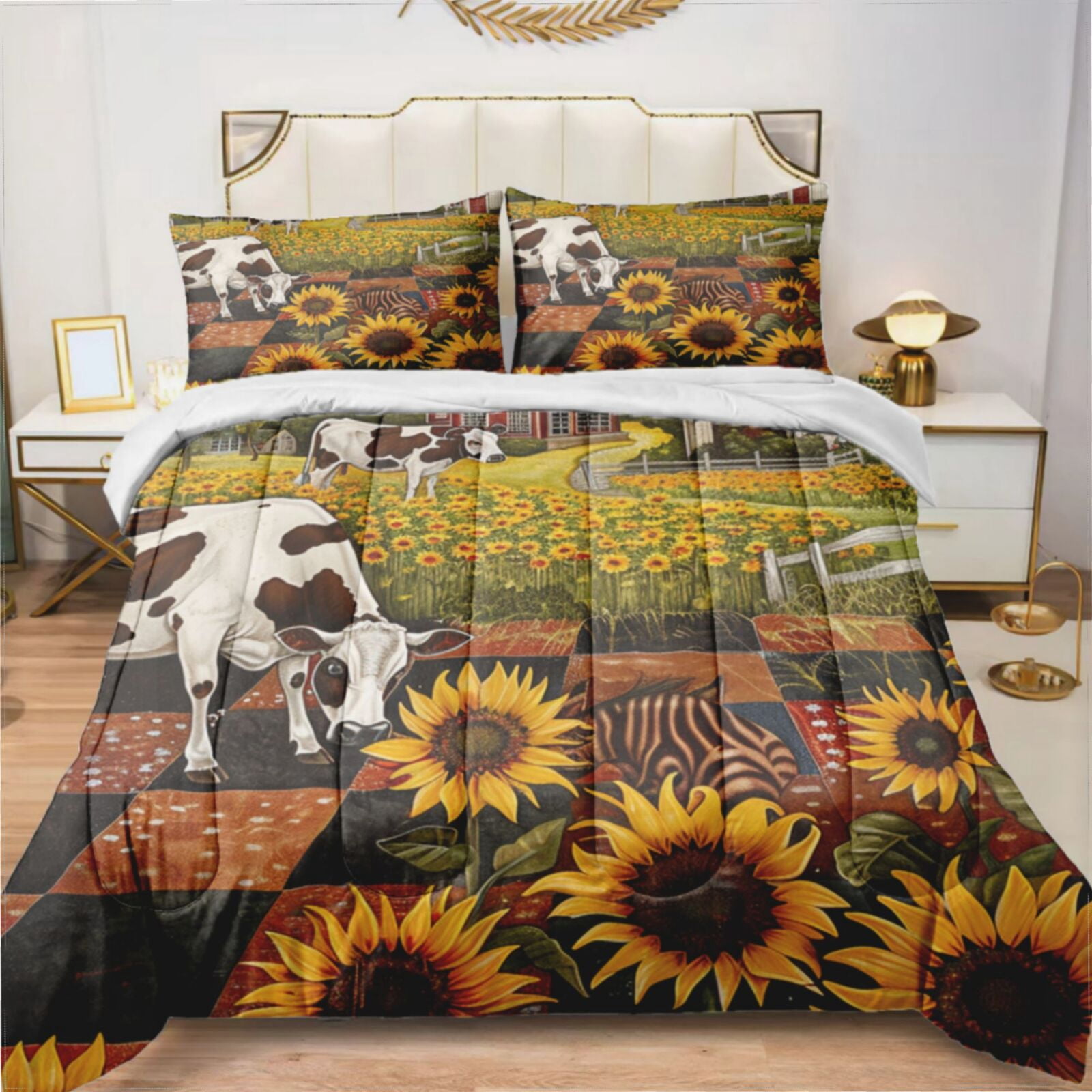 Rural Farm Cows Sunflower Checkerboard (1) Comforter Set With 2 ...