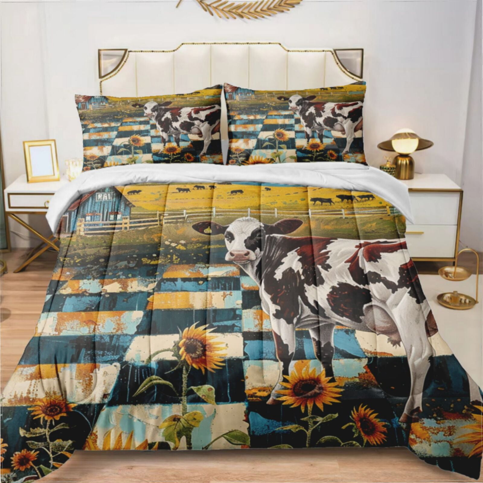 Rural Farm Cows Sunflower Checkerboard Comforter Set With 2 Pillowcases ...