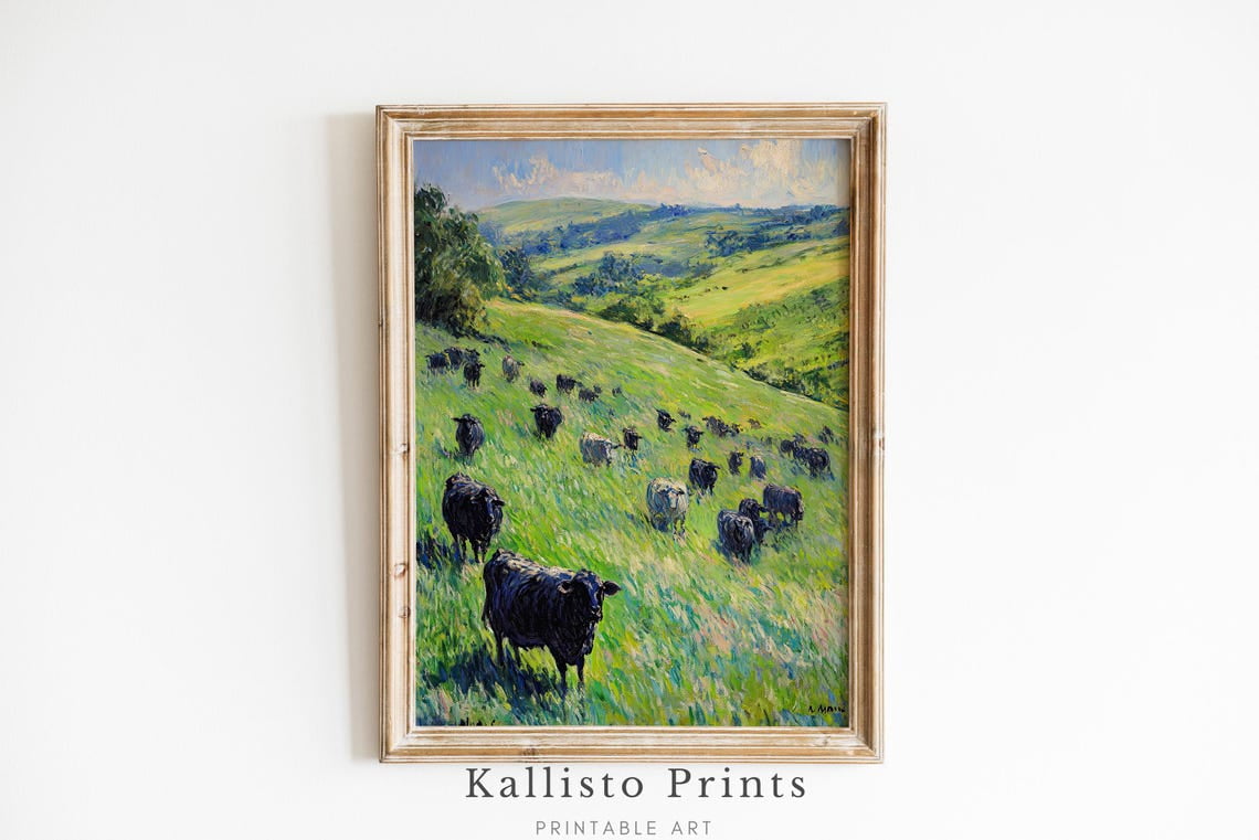 Rural Farm Landscape Print Poster, Cattle Grazing Field Wall Art ...