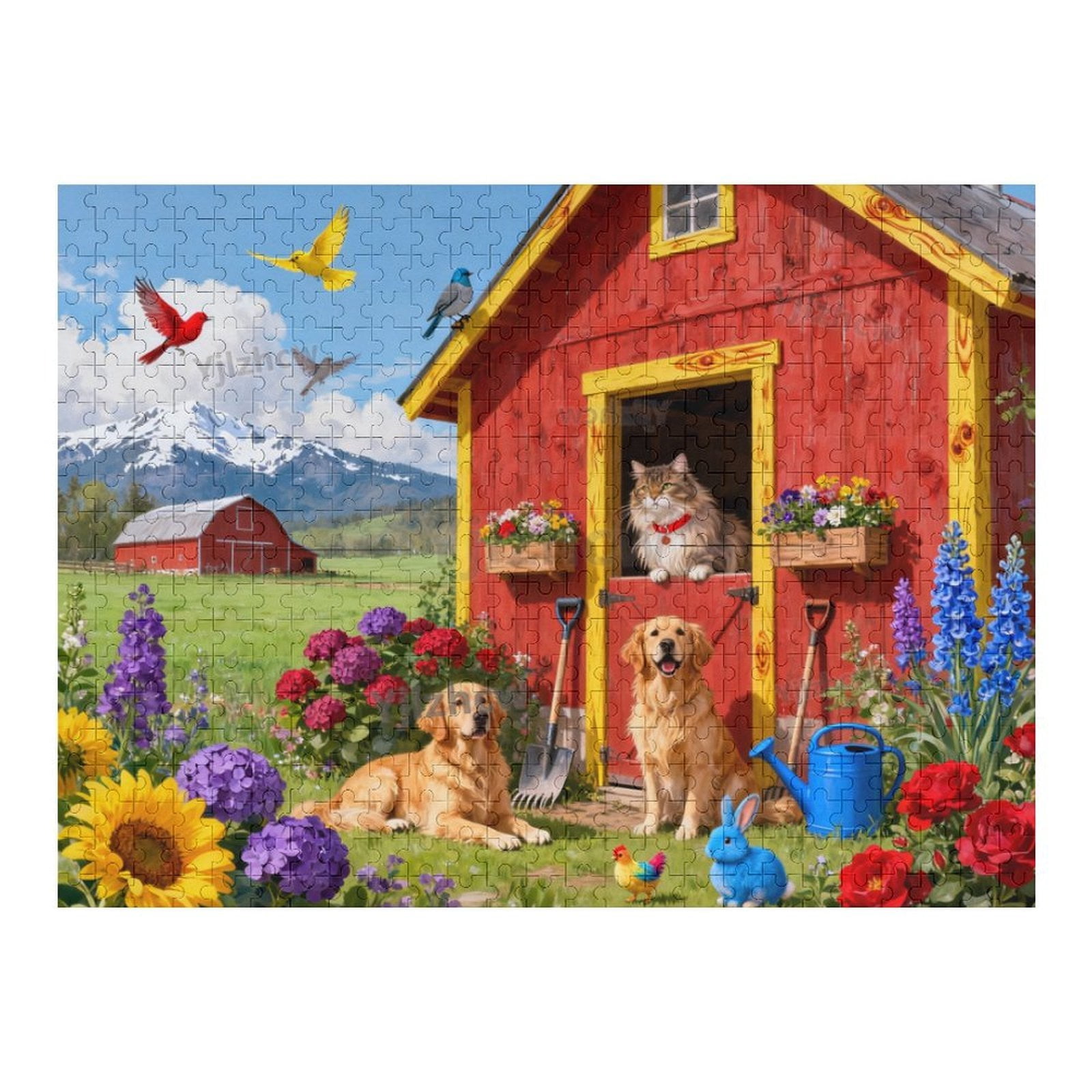 Rural Farm Yard with Cats Dogs Birds and Flower Wooden Puzzle 1000 ...