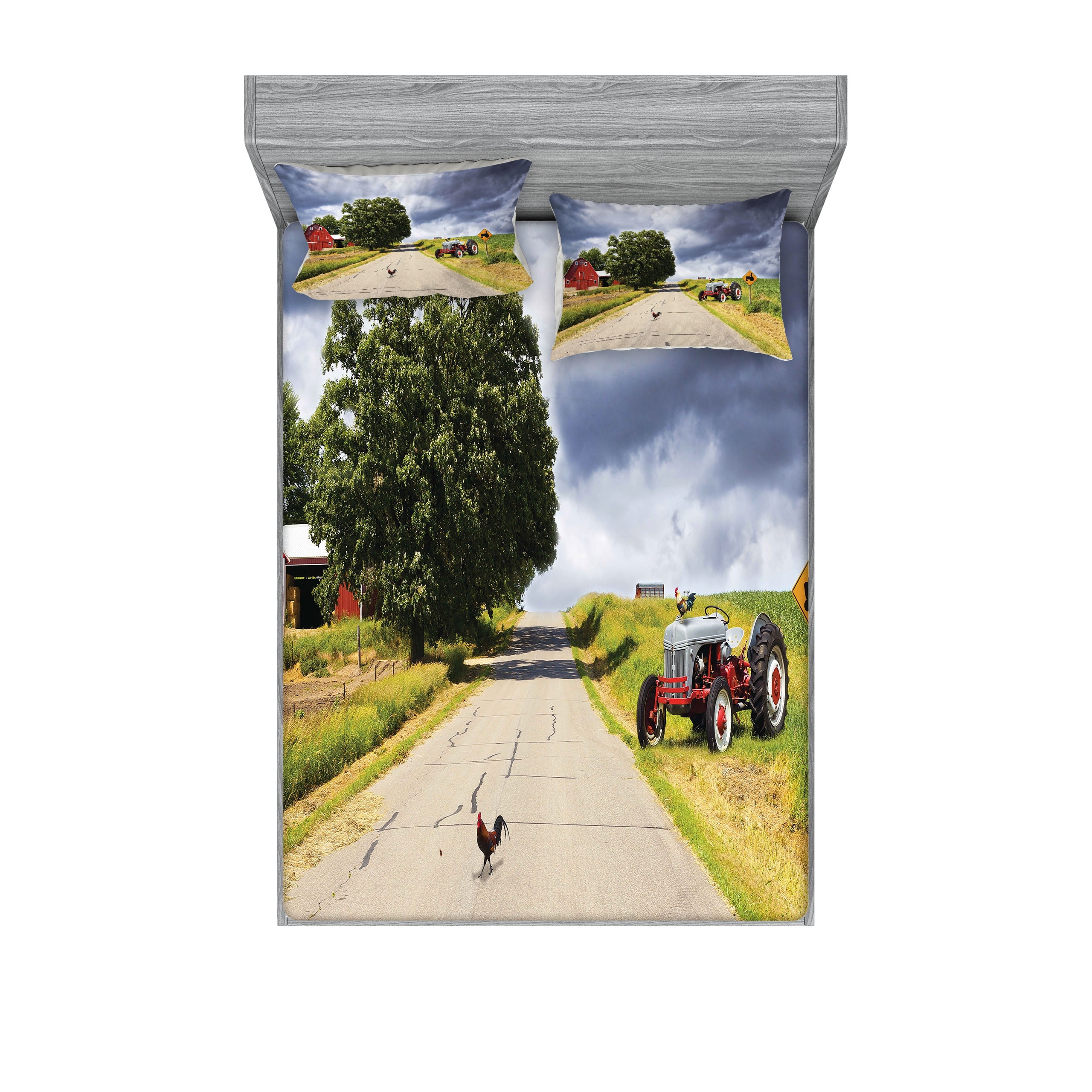 Rural Fitted Sheet & Pillow Sham Set, Farmhouse on the Country Road ...
