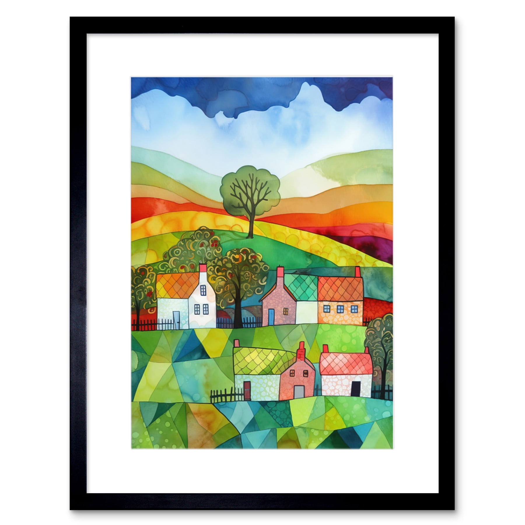 Rural Landscape Rainbow Countryside Folk Art Watercolour Painting ...