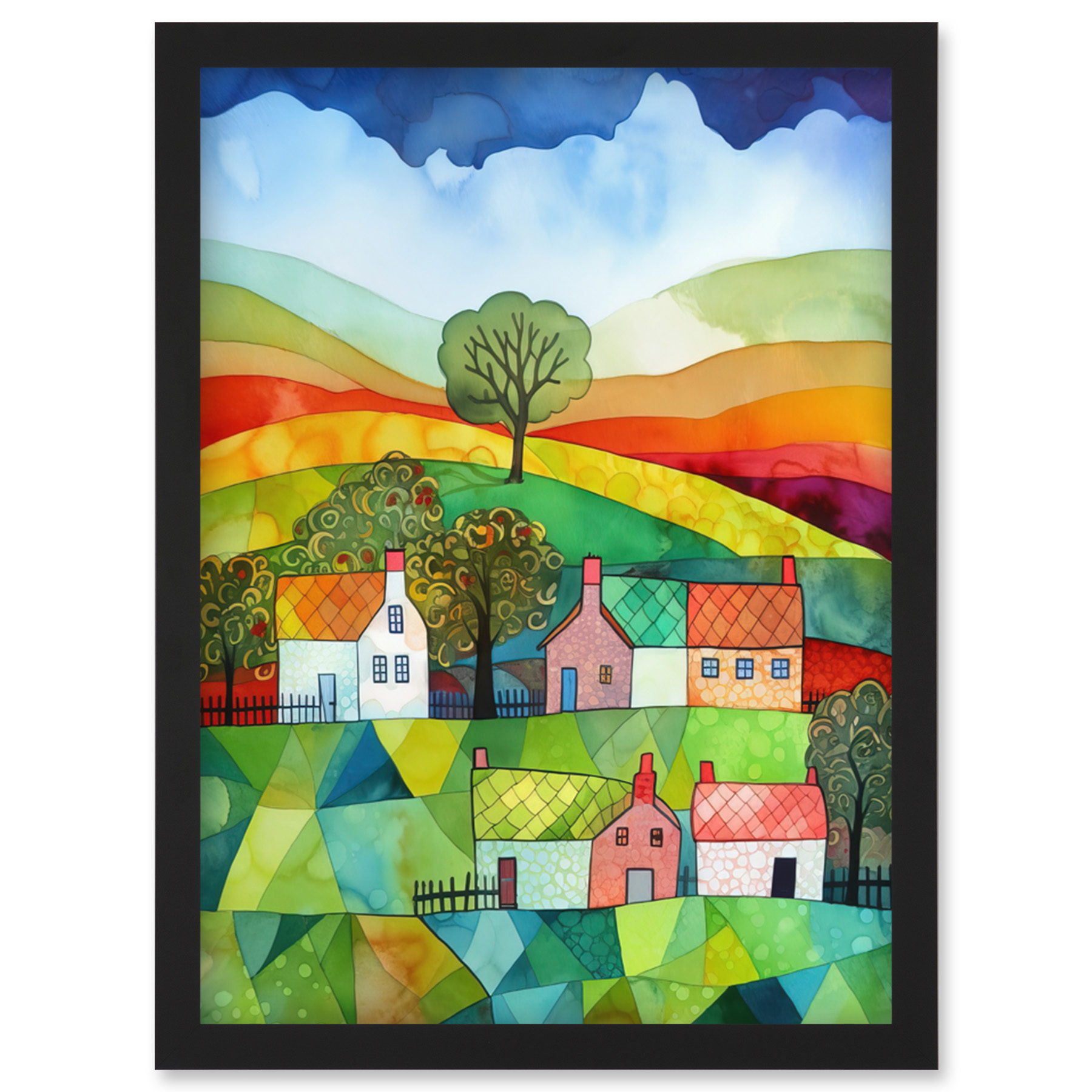 Rural Landscape Rainbow Countryside Folk Art Watercolour Painting ...