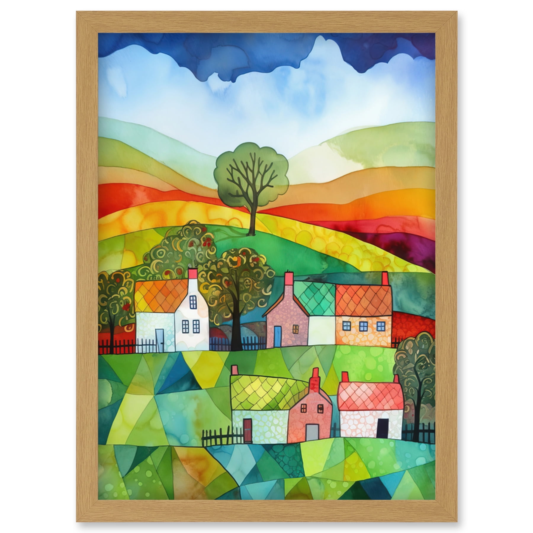 Rural Landscape Rainbow Countryside Folk Art Watercolour Painting ...