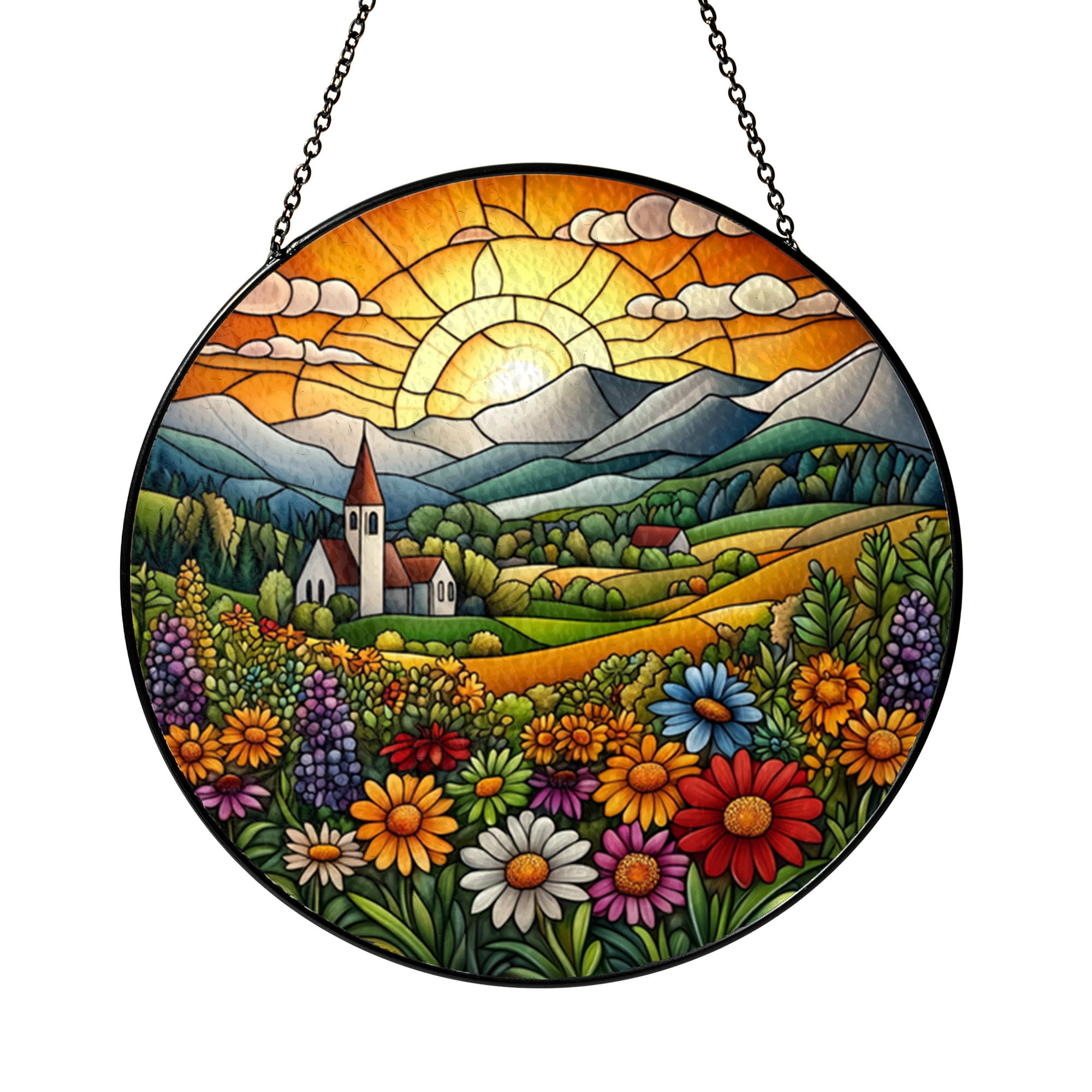 Rural Landscape Sunset Art Glass Style Decorative Window Hanging ...