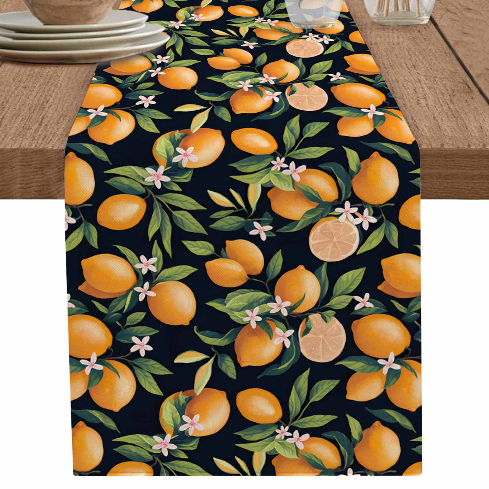 Rural Lemon Green Leaves on Black Table Runner-70 Inch Long Summer Pink ...