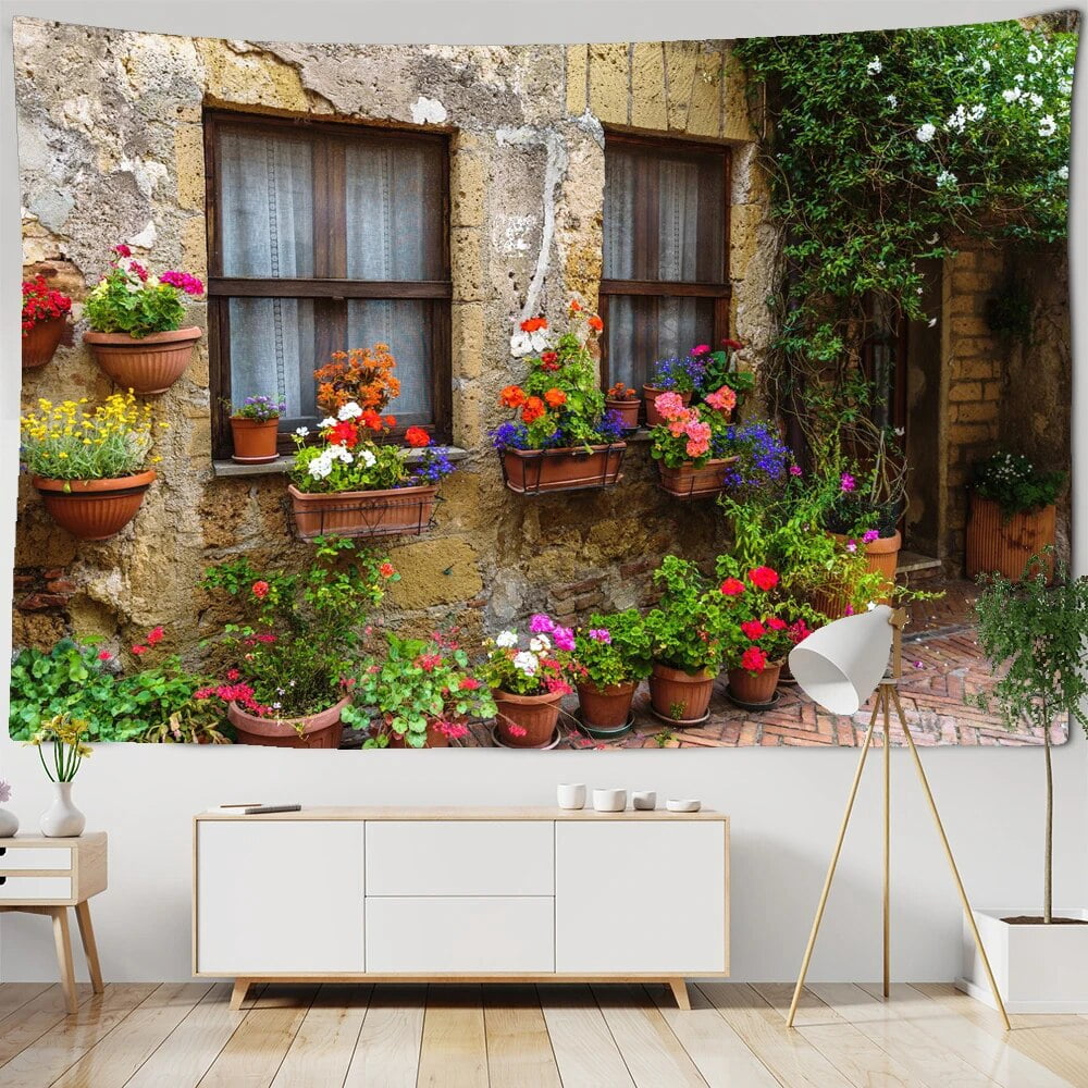 Rural Town Gard Flowers Scery Tapestry Wall Hanging Trippy Wall Art ...
