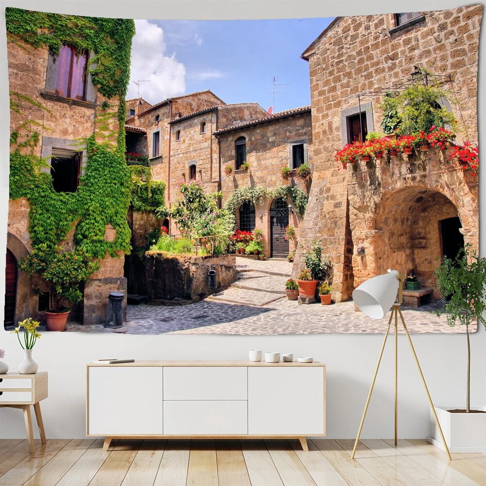 Rural Town Gard Flowers Scery Tapestry Wall Hanging Trippy Wall Art ...