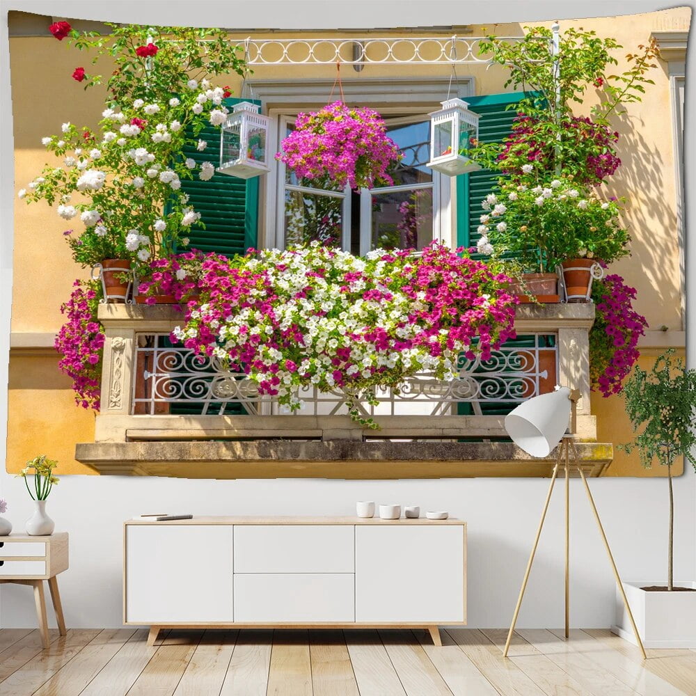 Rural Town Gard Flowers Scery Tapestry Wall Hanging Trippy Wall Art ...