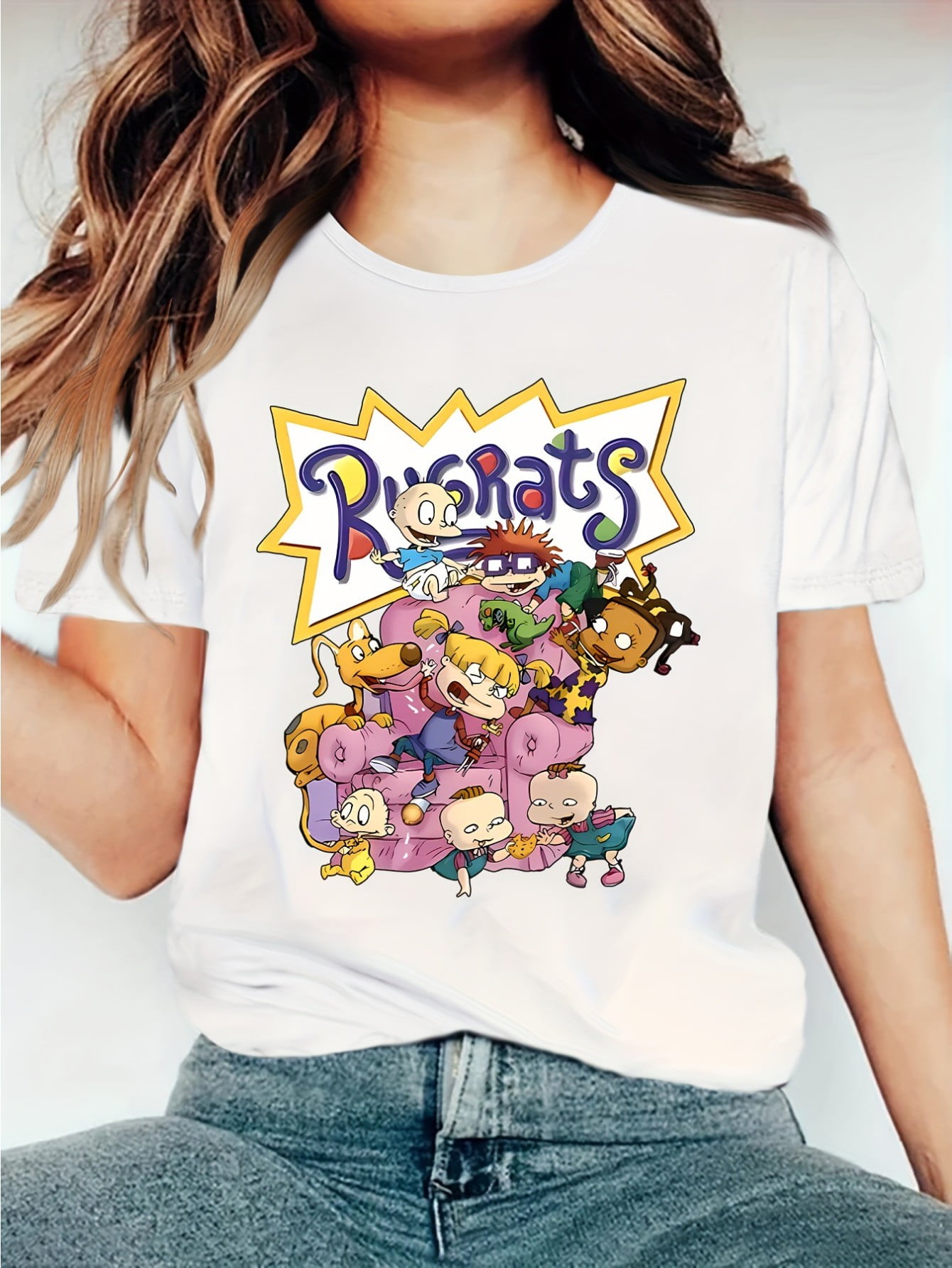 RusRatS Cartoon Character Graphic T-Shirt for Adults - Casual Cotton Knit Fabric, Medium Stretch ...