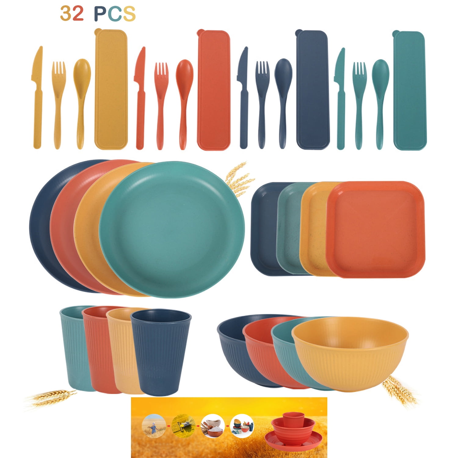 Ruseen 32-piece Reusable Wheat Straw Dinnerware Set - Walmart.com