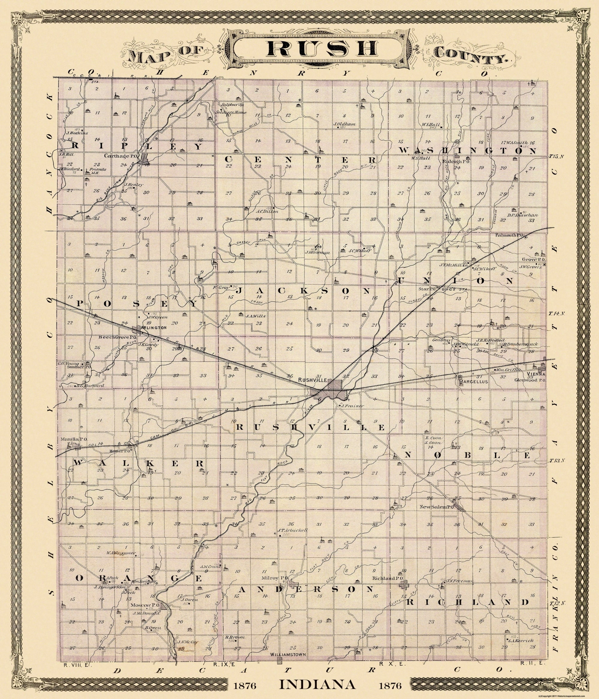 Historic County Map - Rush County Indiana - Andreas 1876 - 23 x 26.88 ...