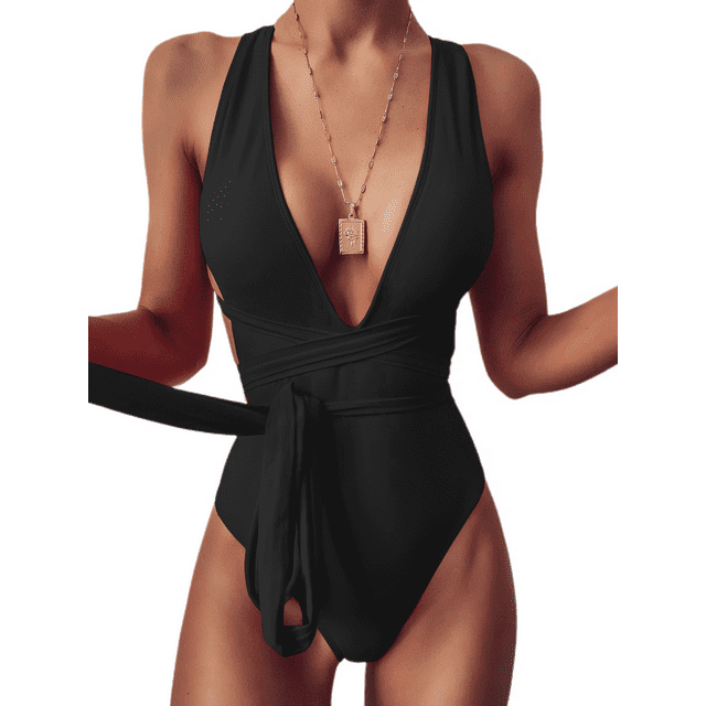 Rush Sexy Tie Criss Cross Plunge One Piece Thong Swimsuit High Cut Brazilian Bathing Suit Black