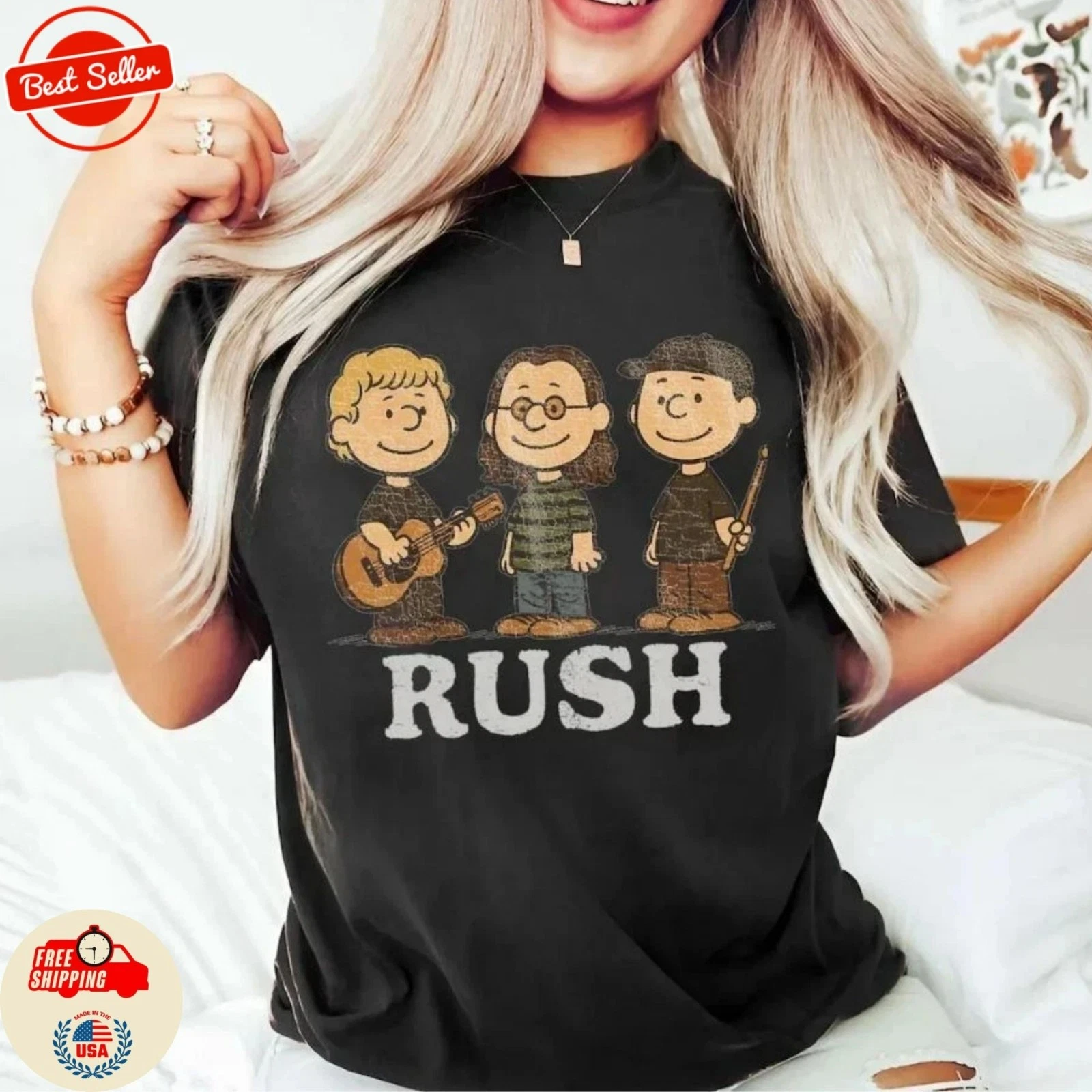 Rush x Peanuts Retro T-Shirt Geddy Lee Alex Lifeson Neil Peart Rock ...