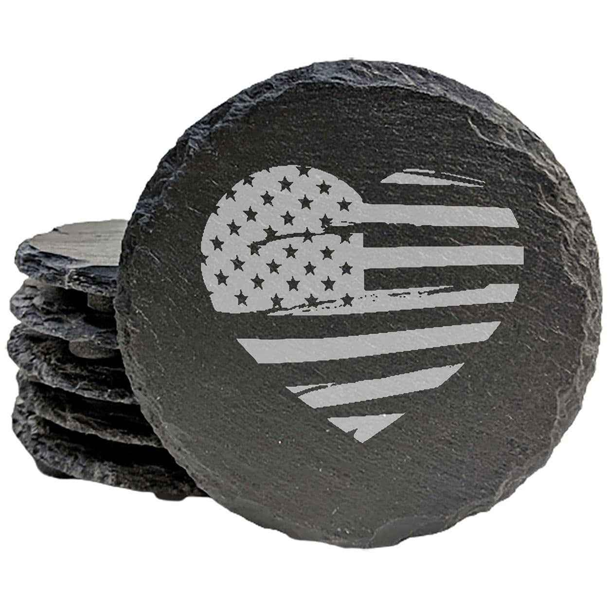 Rusic American Flag Coasers: Hear Shaped Design, Laser Eched Slae ...