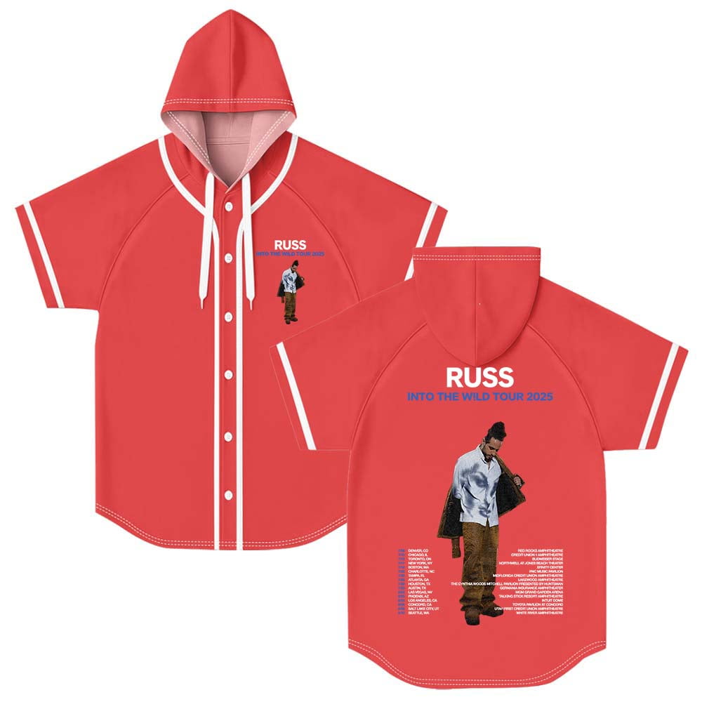 Russ Into The Wild Tour 2025 Merch Hooded Baseball Jersey Short Sleeve ...