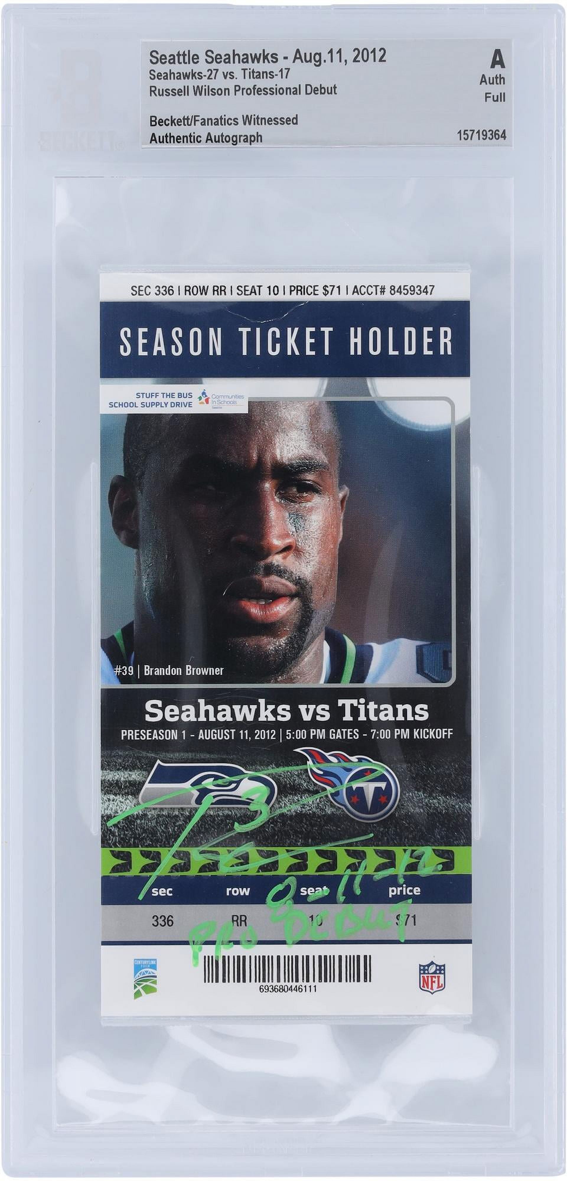 Russell Wilson Seattle Seahawks Autographed Ticket with "8-11-12" and ...