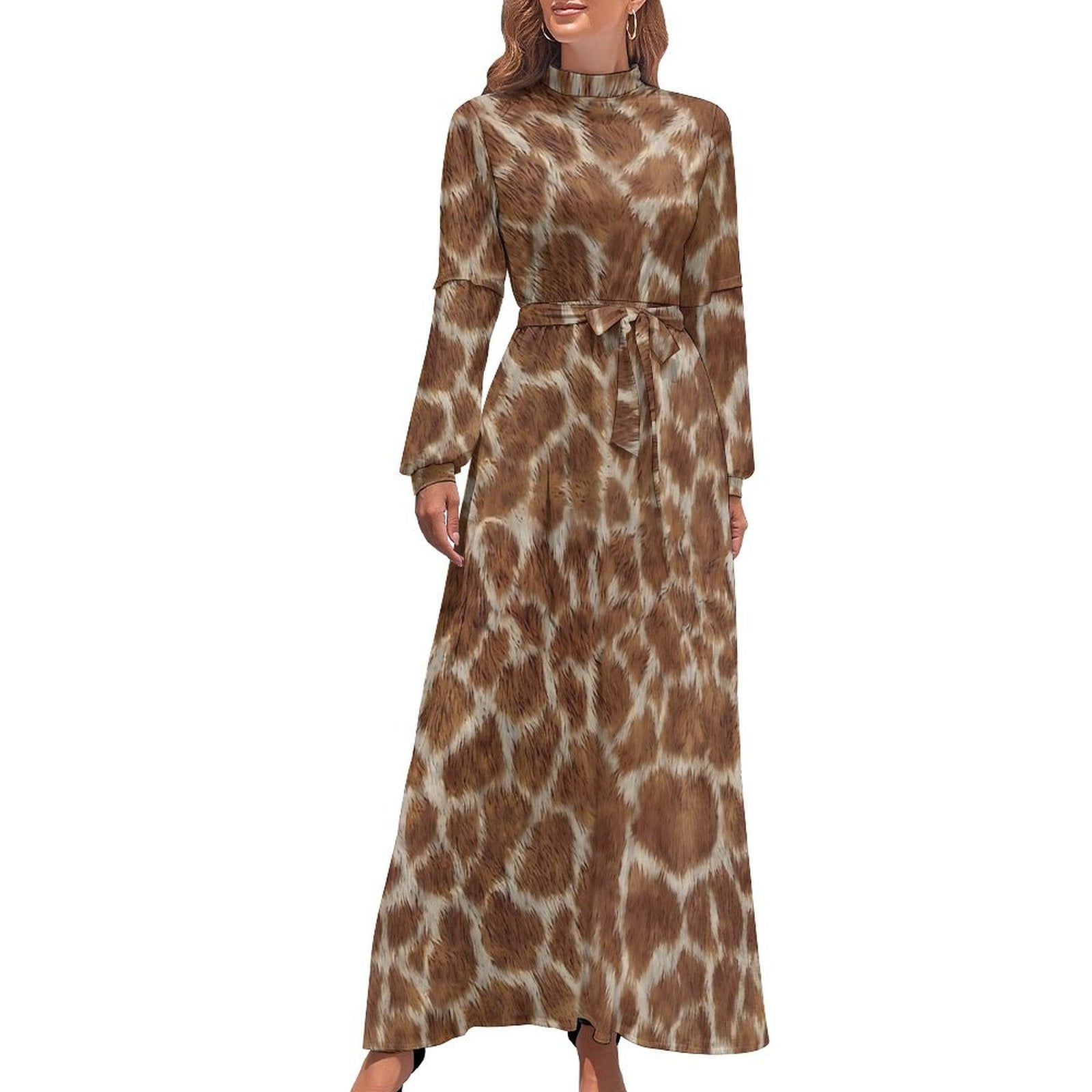 Russet Giraffe Print Dress Long-Sleeve Animal Trendy Maxi Dress High ...