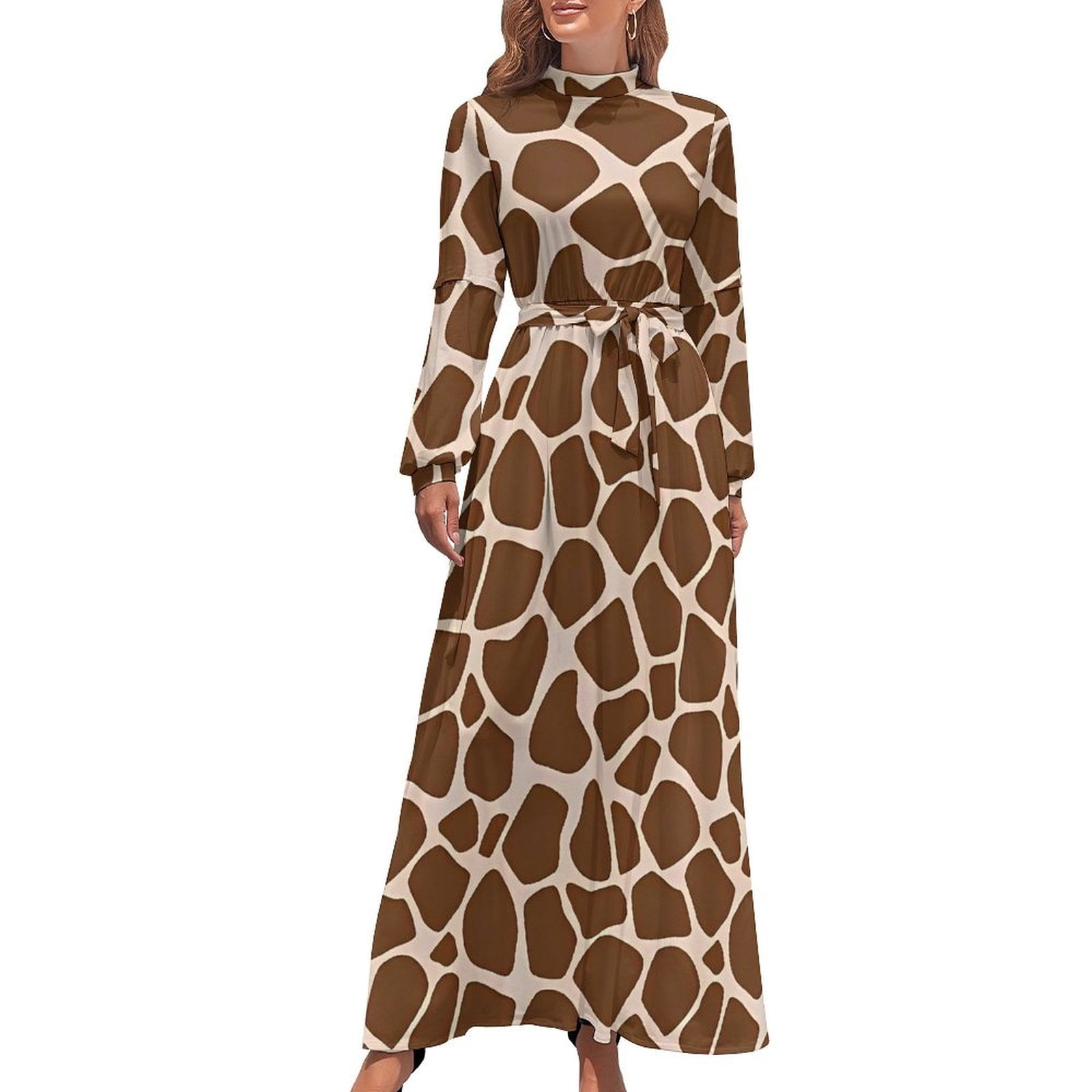 Russet Giraffe Print Dress Long-Sleeve Animal Trendy Maxi Dress High ...