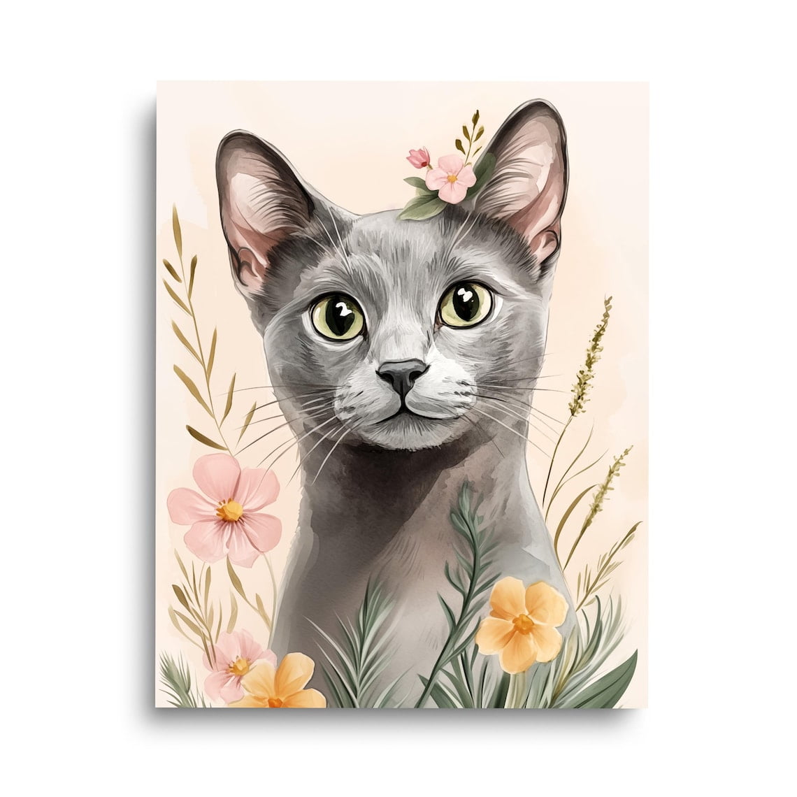 Russian Blue Cat Print, Floral Kitty Wall Art, Cute Kitten Poster ...