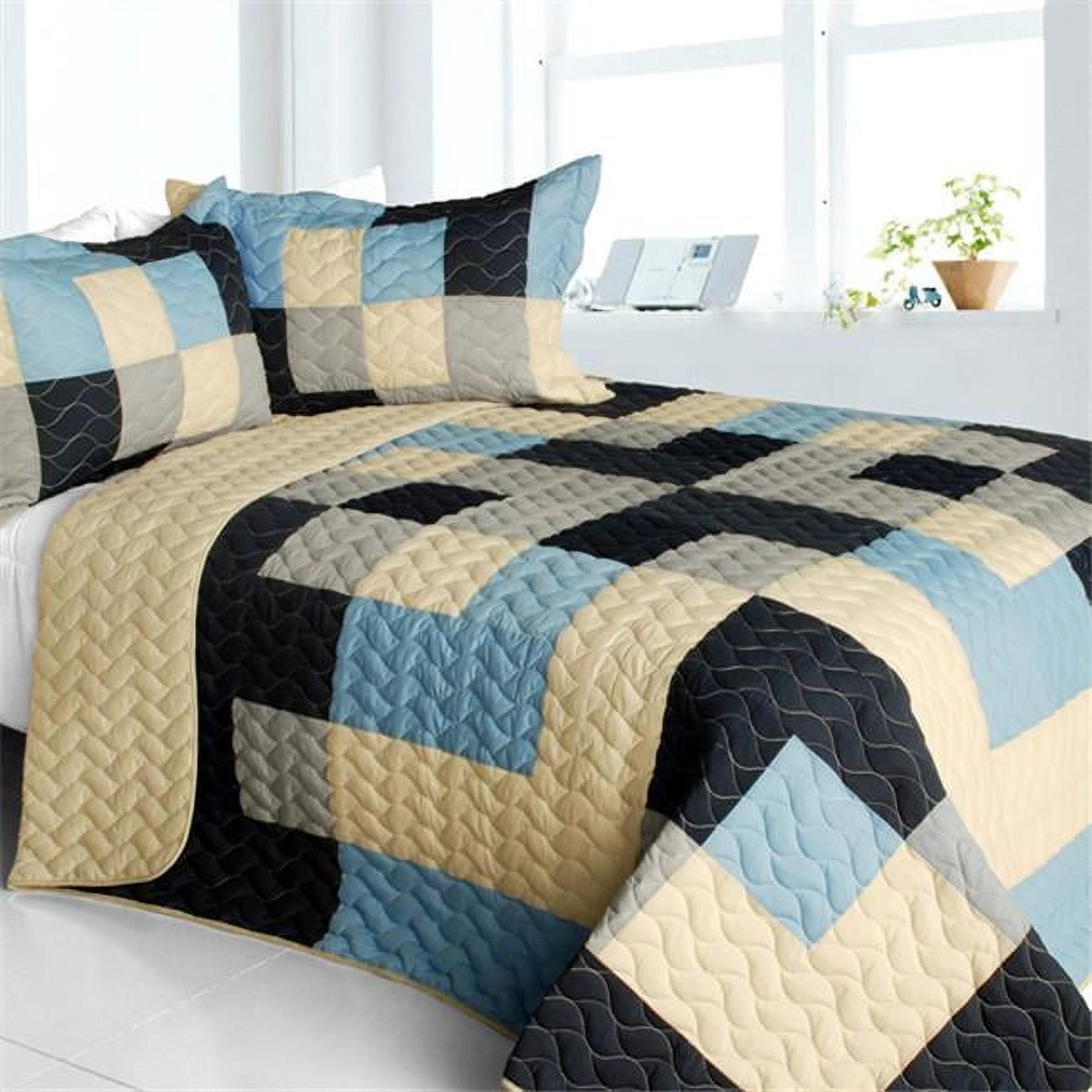 Russian Coffee - 3 Pieces Vermicelli-Quilted Patchwork Quilt Set Full ...