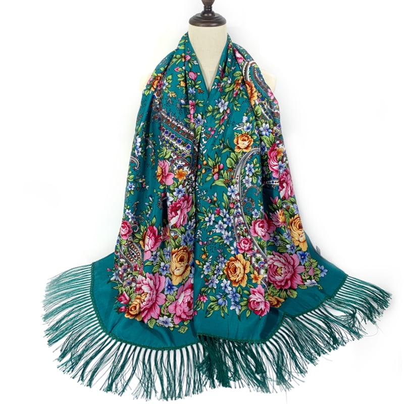 Russian National Scarf Women Floral Print Bandana Shawl Ethnic Fringed ...