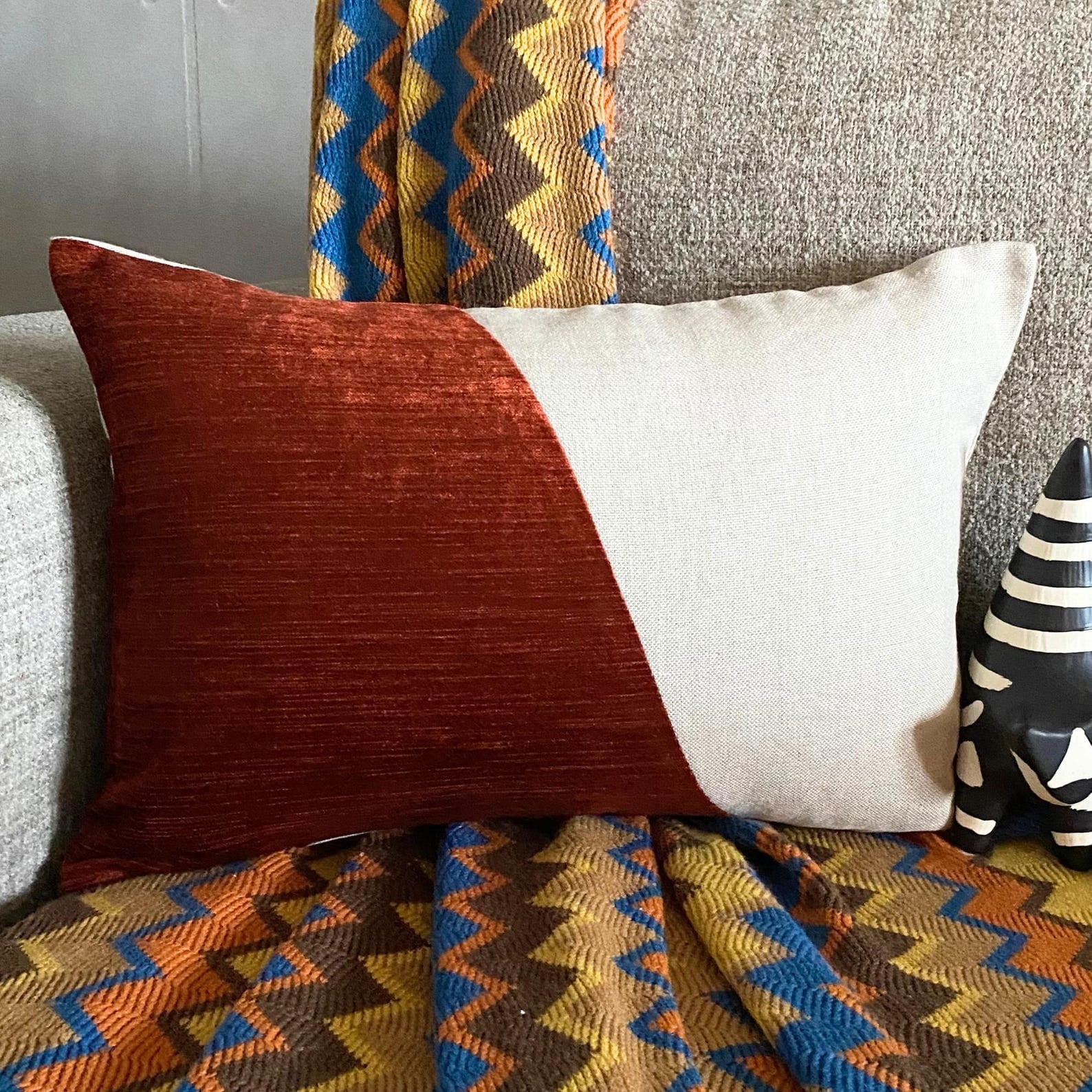 Rust 12"x24" (30x60 cm) Lumbar Pillow Cover, Velvet Patchwork & Color ...