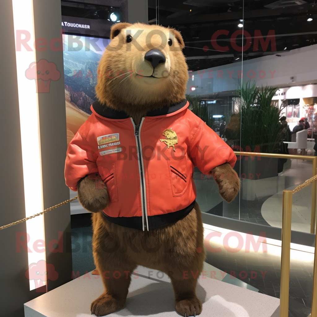 Rust Capybara REDBROKOLY mascot costume character dressed with a Bomber ...
