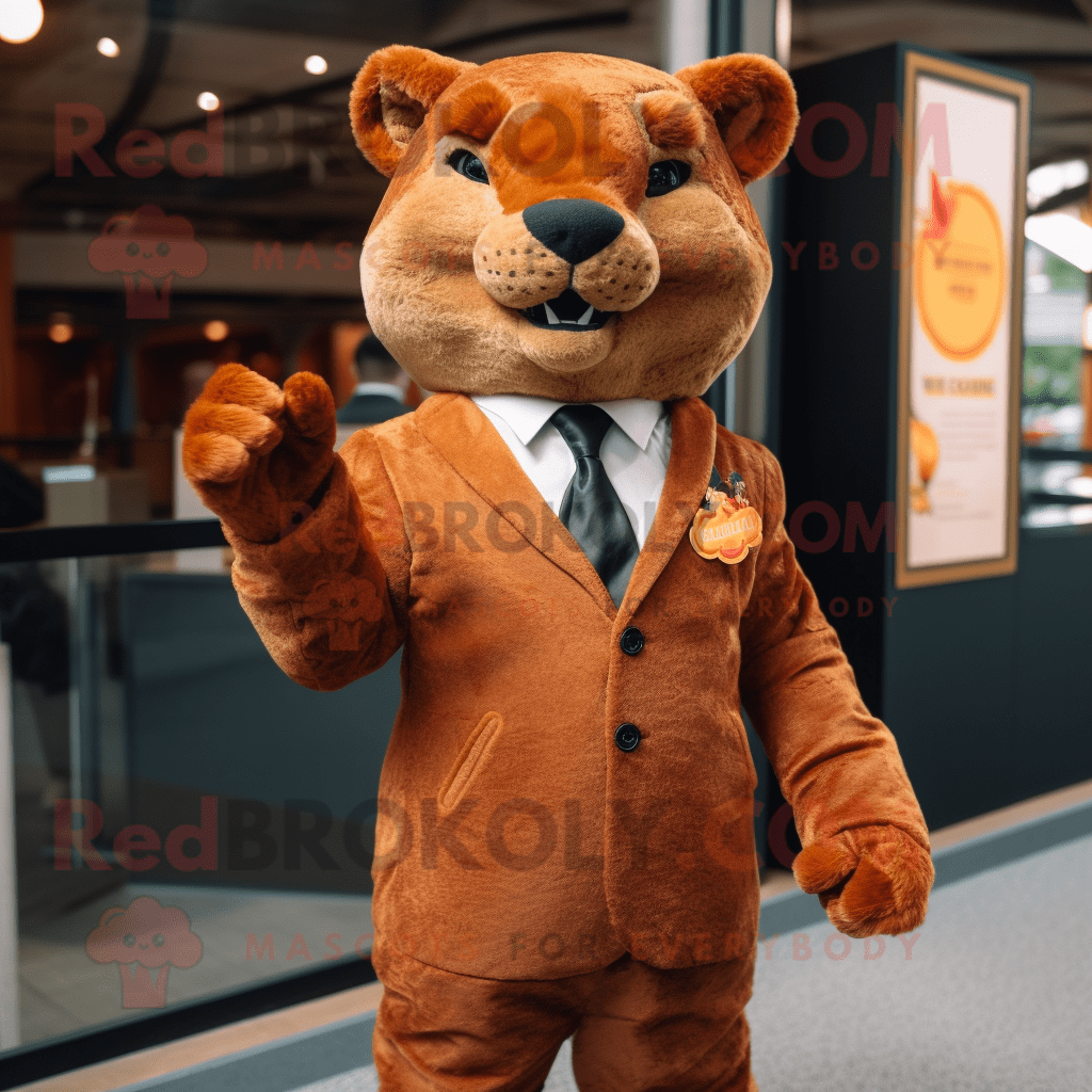 Rust Jaguarundi REDBROKOLY mascot costume character dressed with a Suit ...