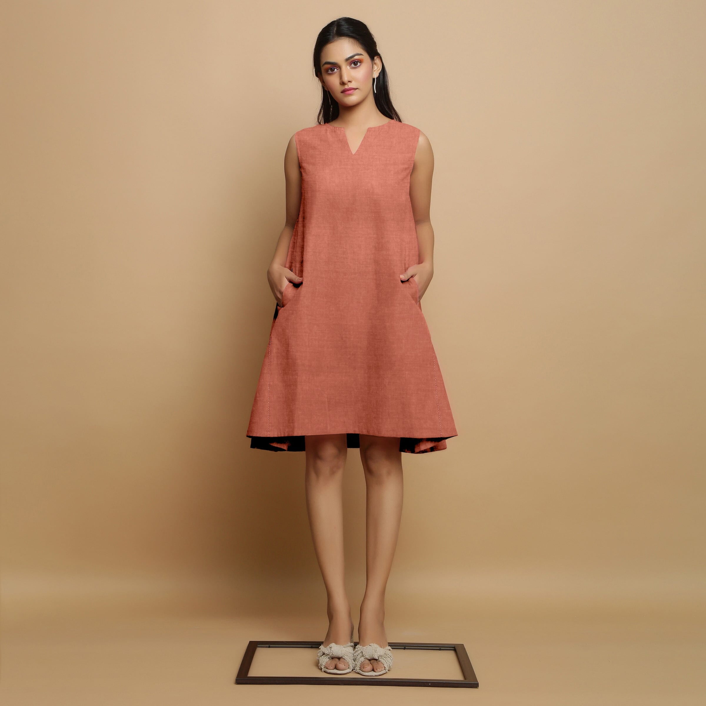 Rust Linen Hand-Embroidered Knee-Length Godet Dress - Walmart.com