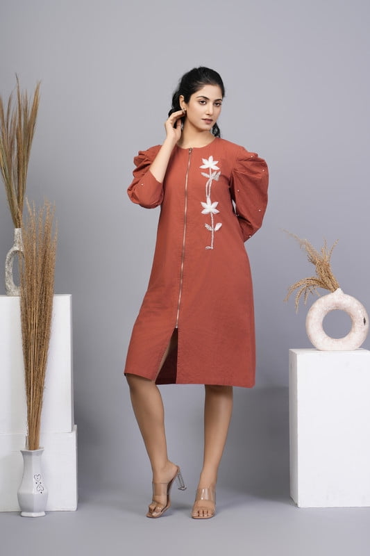 Rust Orange Abstract Printed Motif Flower Cotton Poplin Midi Dress ...