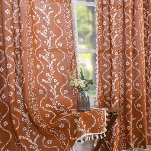 Rust Orange Boho Curtains 96 Inch Length Linen Curtains for Living Room ...