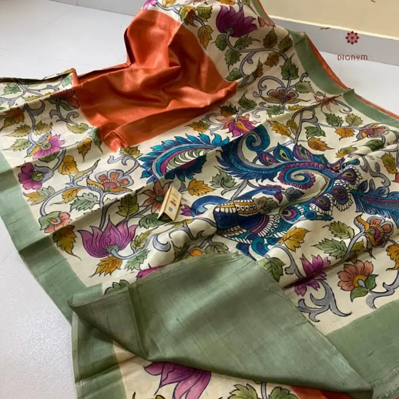 Rust Orange Pure Silk Hand Painted Kalamkari Saree - Walmart.com