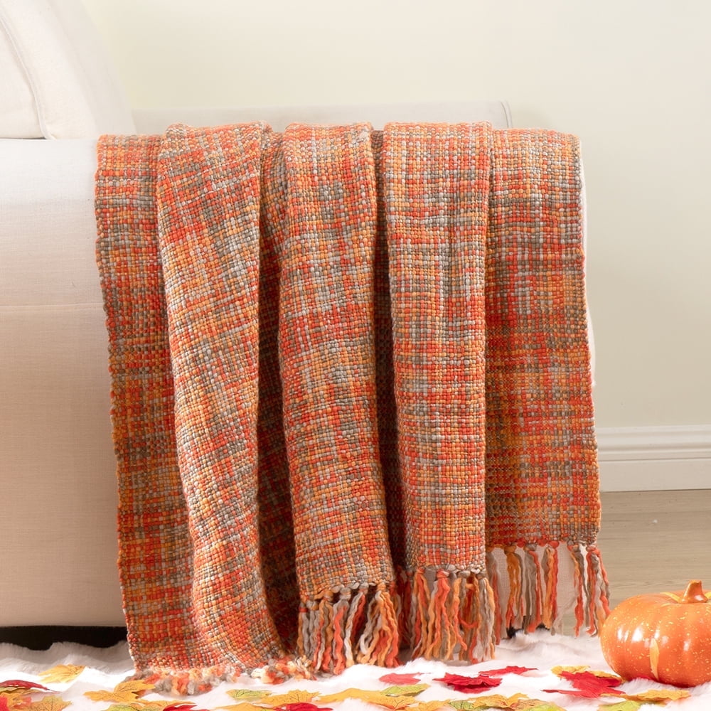 Rust Orange Throw Blanket, Fall Throws with Tassels, Colorful Blanket ...