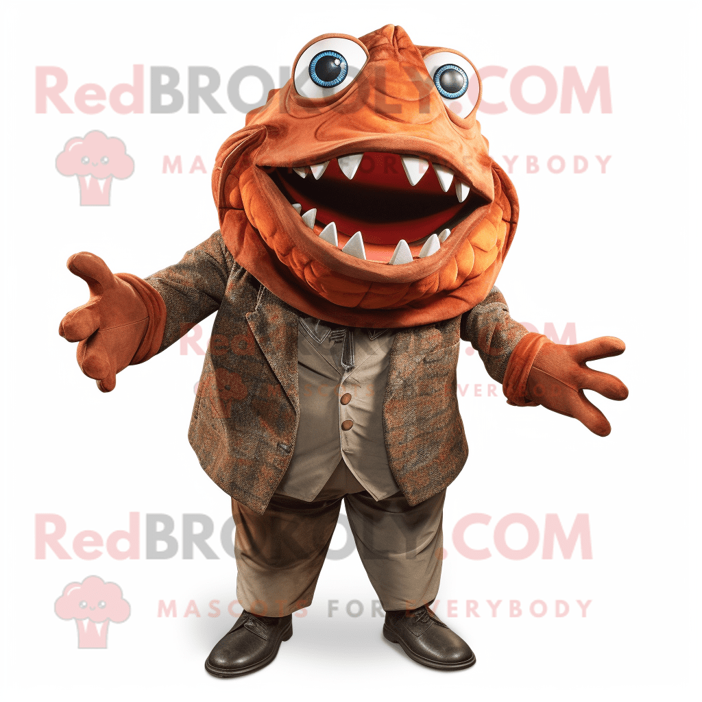 Rust Piranha REDBROKOLY mascot costume character dressed with a Coat ...