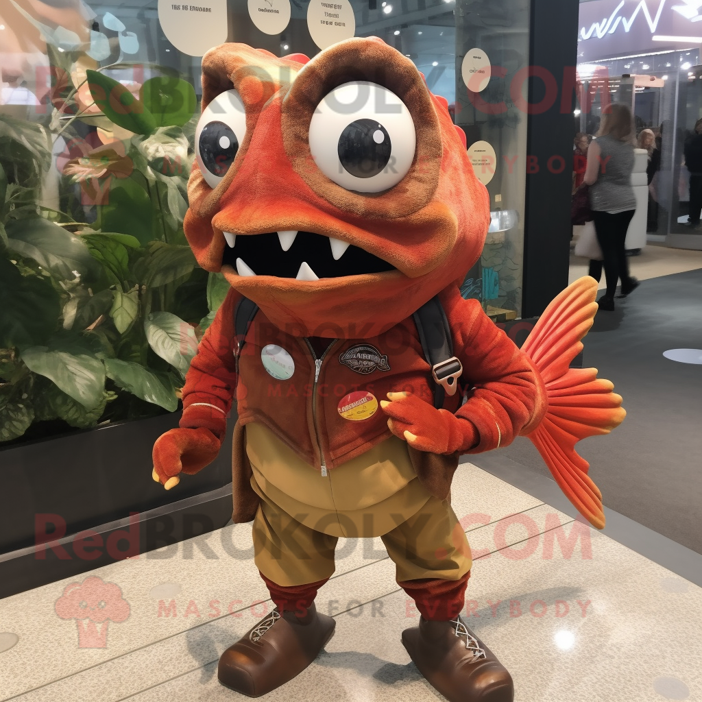Rust Piranha REDBROKOLY mascot costume character dressed with a Coat ...