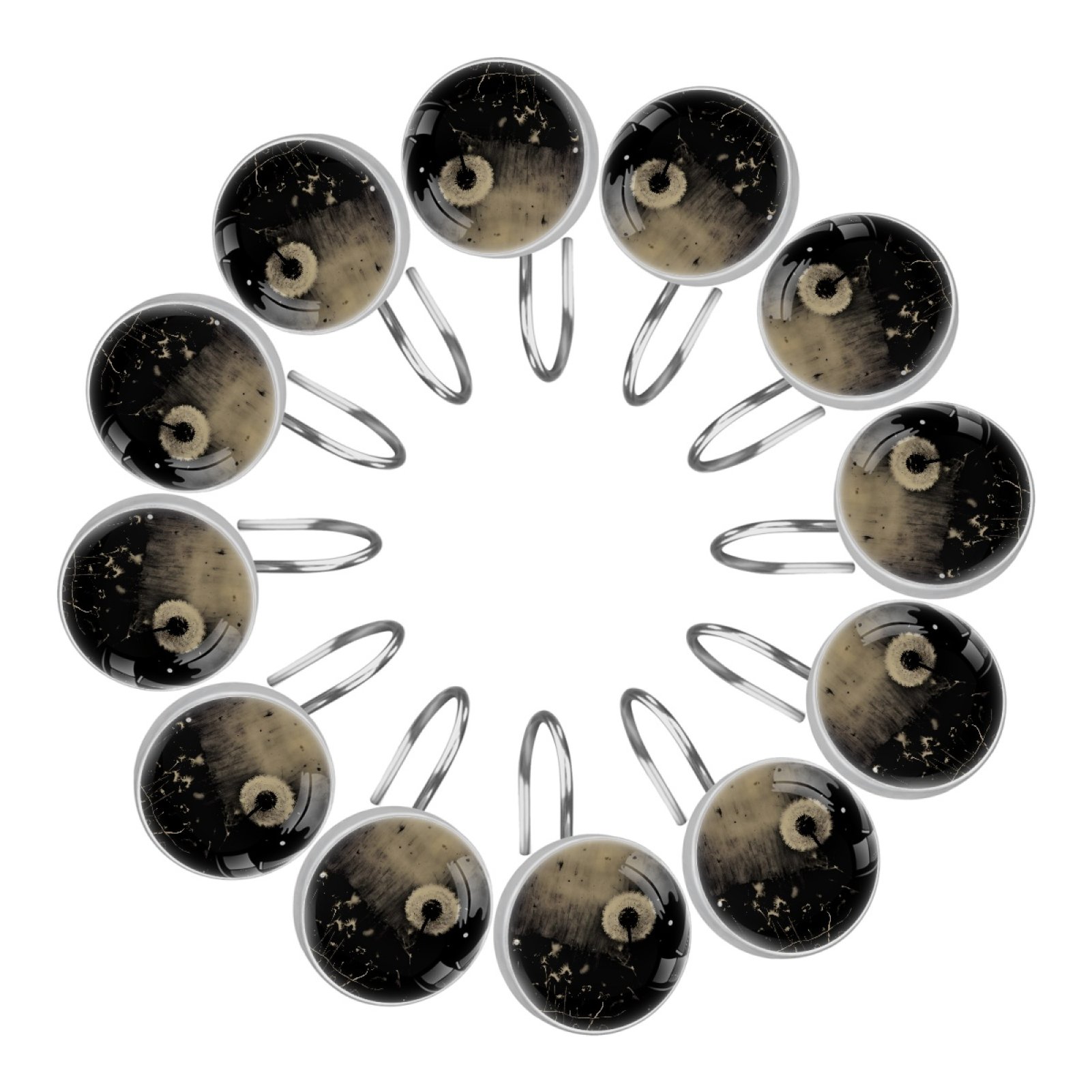 Rust Proof Shower Curtain Hooks, Black and White Floral Set of 12 Metal Shower Curtain Rings,Rod ...