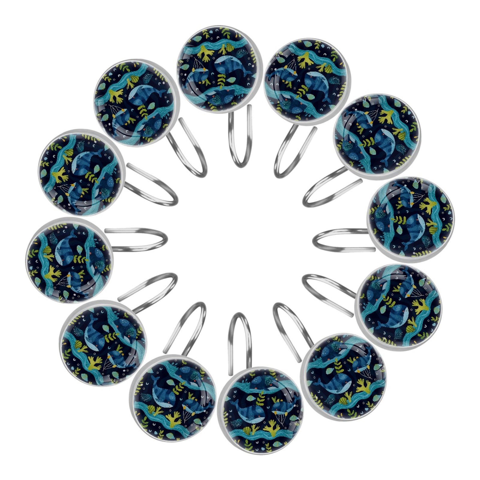 Rust Proof Shower Curtain Hooks, Blue Whale Fish Water Grass Set of 12 Metal Shower Curtain ...