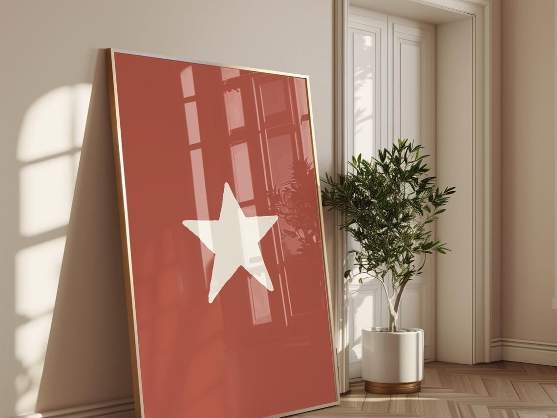 Rust Red Star Minimalist Poster - Bold White Star On Rustic Background, Perfect For Bohemian ...