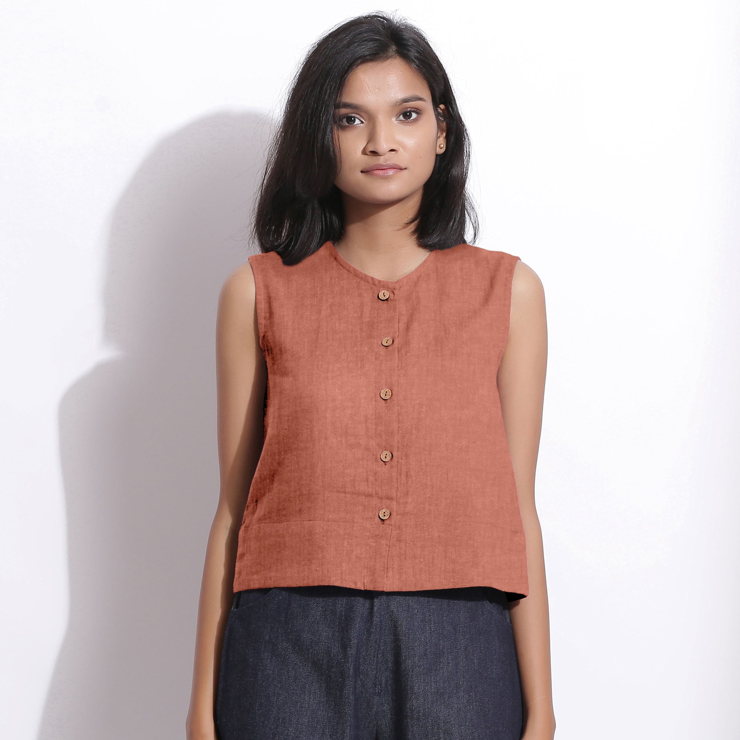 Rust Sandstone 100% Linen Button-Down Short Top - Walmart.com
