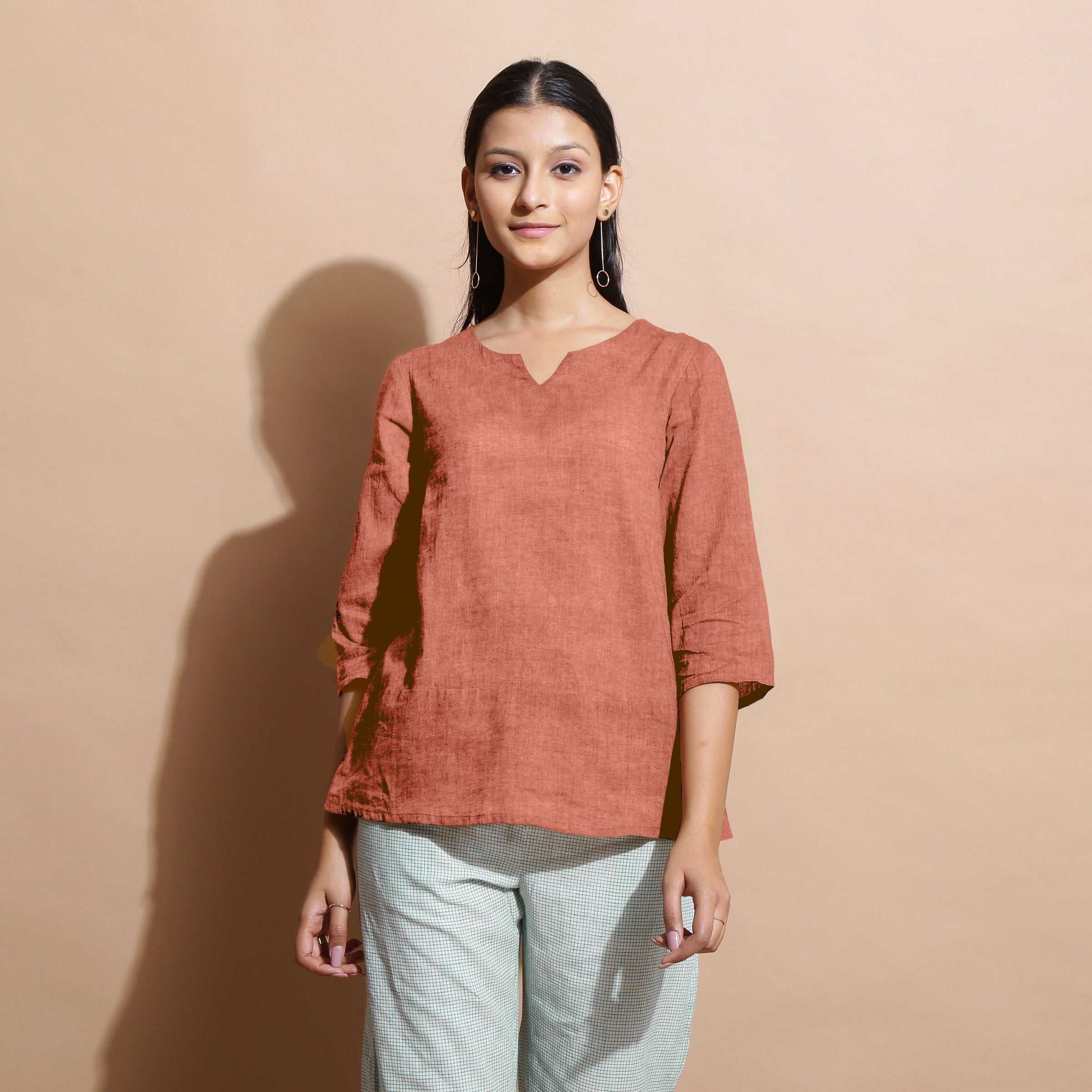 Rust Sandstone 100% Linen Split-Neck Tunic Top - Walmart.com