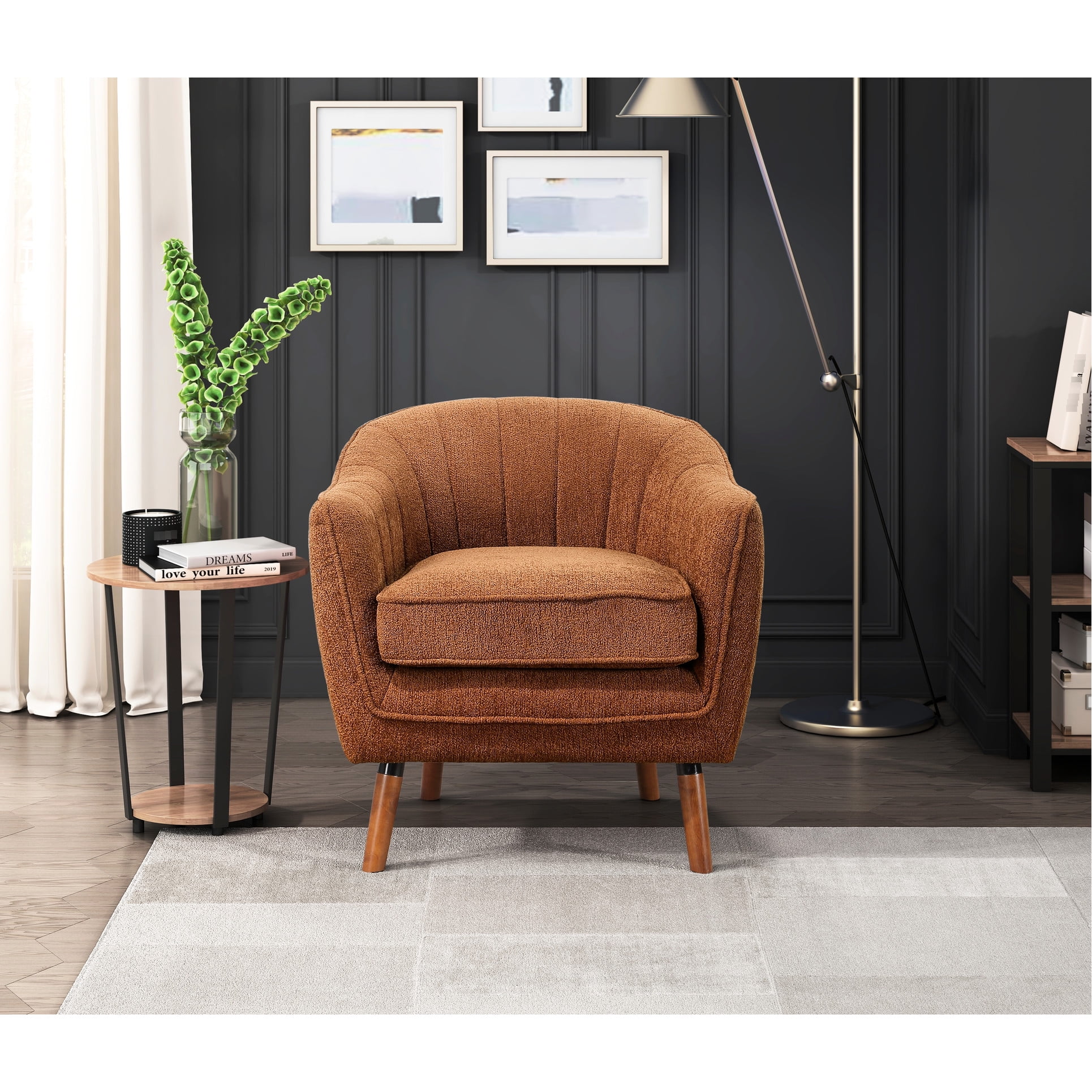 Rust Textured Mid-century Modern Accent Chair, Solid Wood Legs, Channel ...