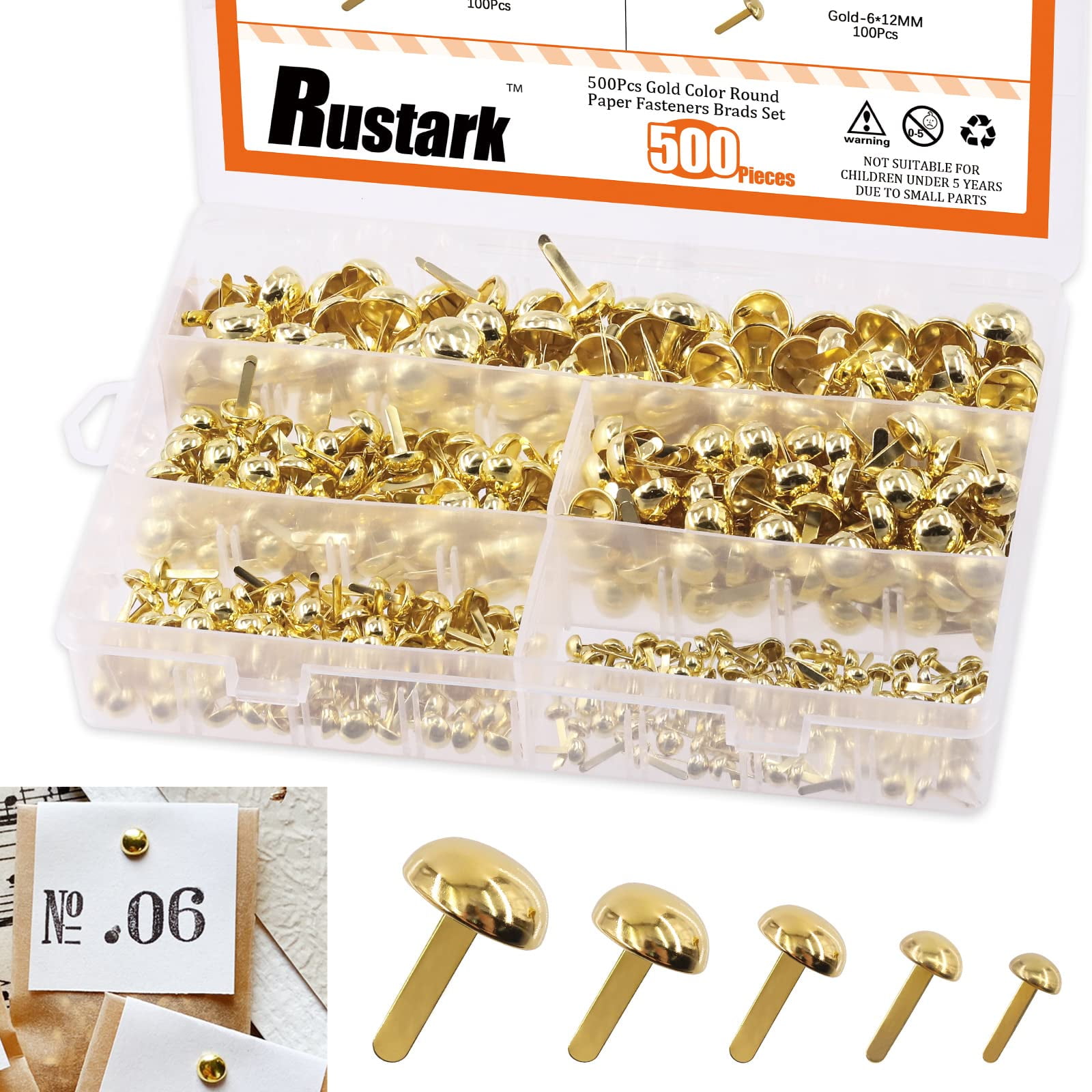Rustark 500PCS 5 Sizes OIF8 Brass Paper Fasteners Round Fasteners ...