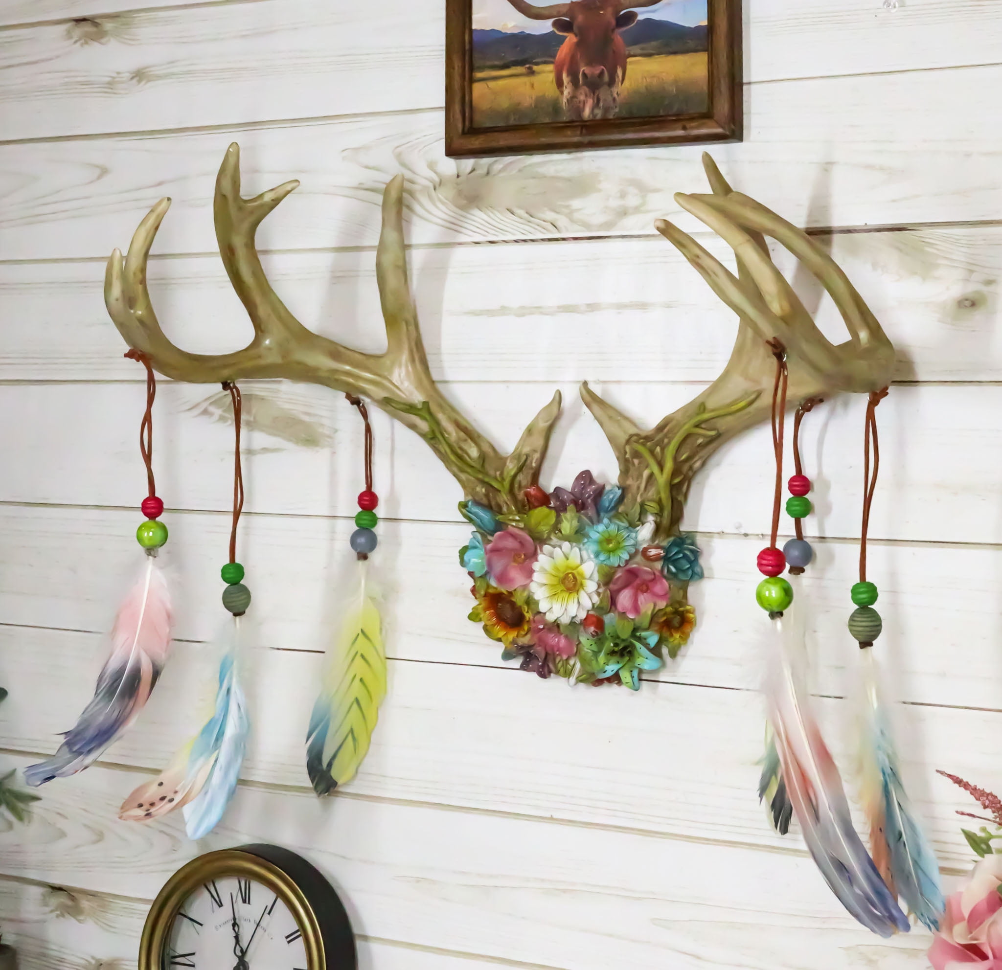Rustic 12 Point Stag Deer Antlers Flowers And Feathers Rack Wall Hooks ...