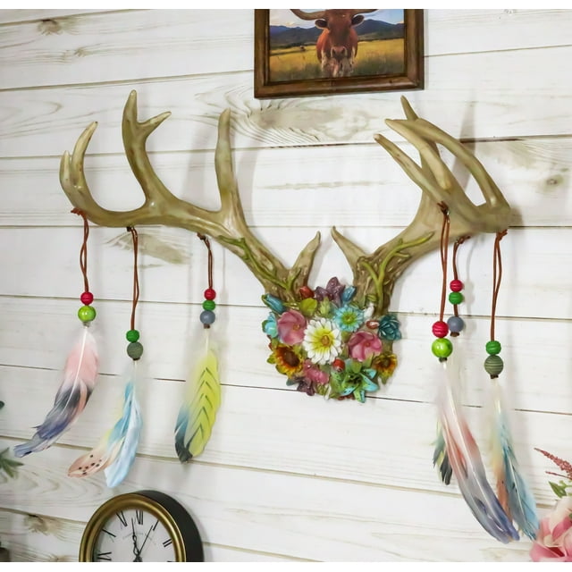 Rustic 12 Point Stag Deer Antlers Flowers And Feathers Rack Wall Hooks ...